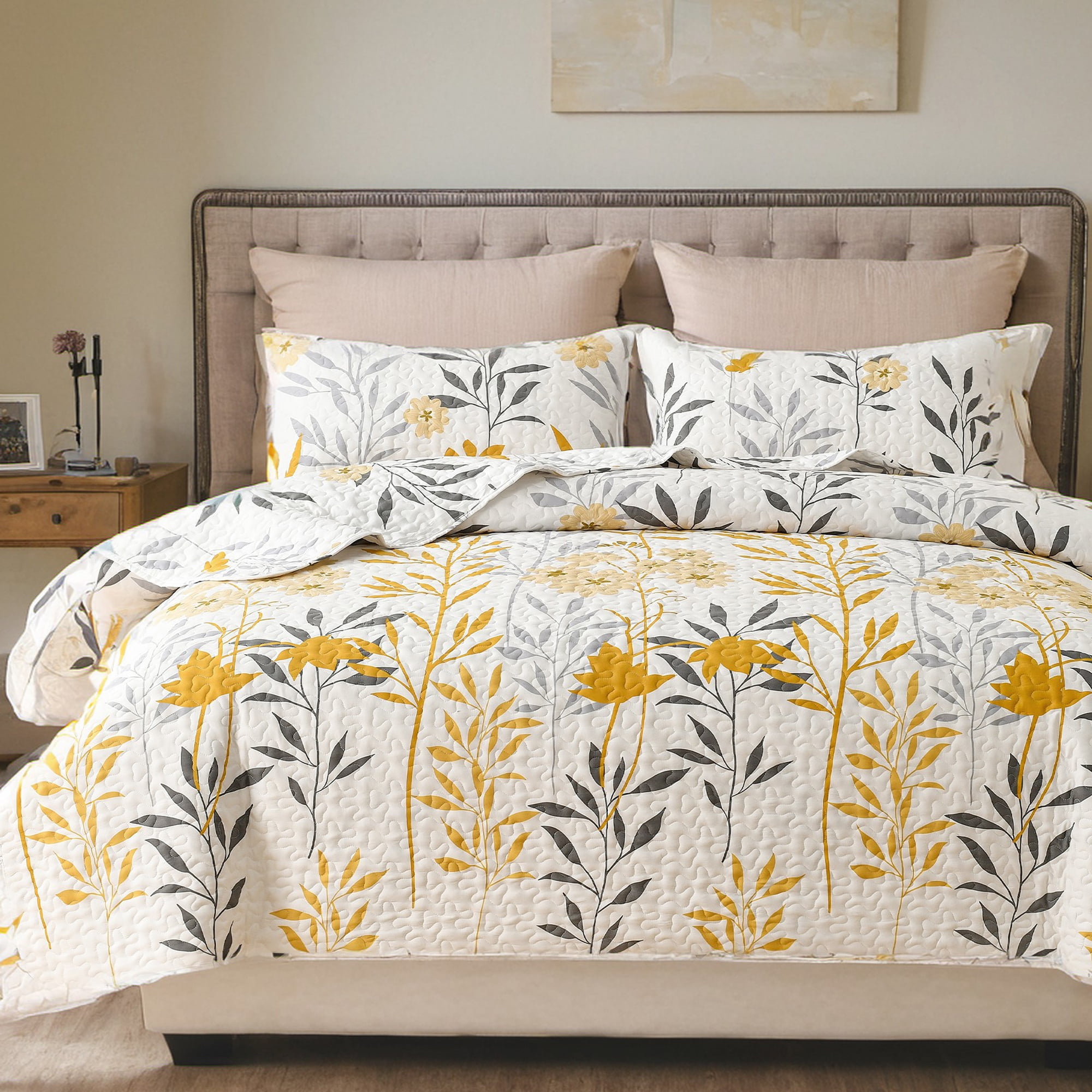 TELIZ 3-Piece Yellow Flower Gray Leaves Pattern Bedspread Botanical ...
