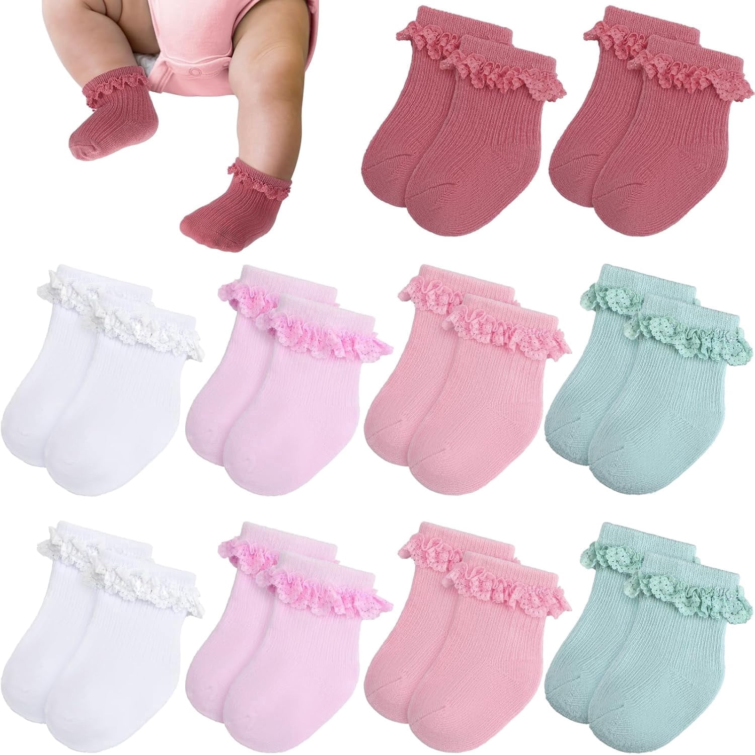 TELOLY 10 Pairs Preemie Socks Ruffle Lace Ruffle Cotton Socks for ...
