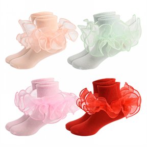 TeeHee Girls Cotton Double Ruffle Crew Socks, 6 Pair Pack, Solid, Non ...