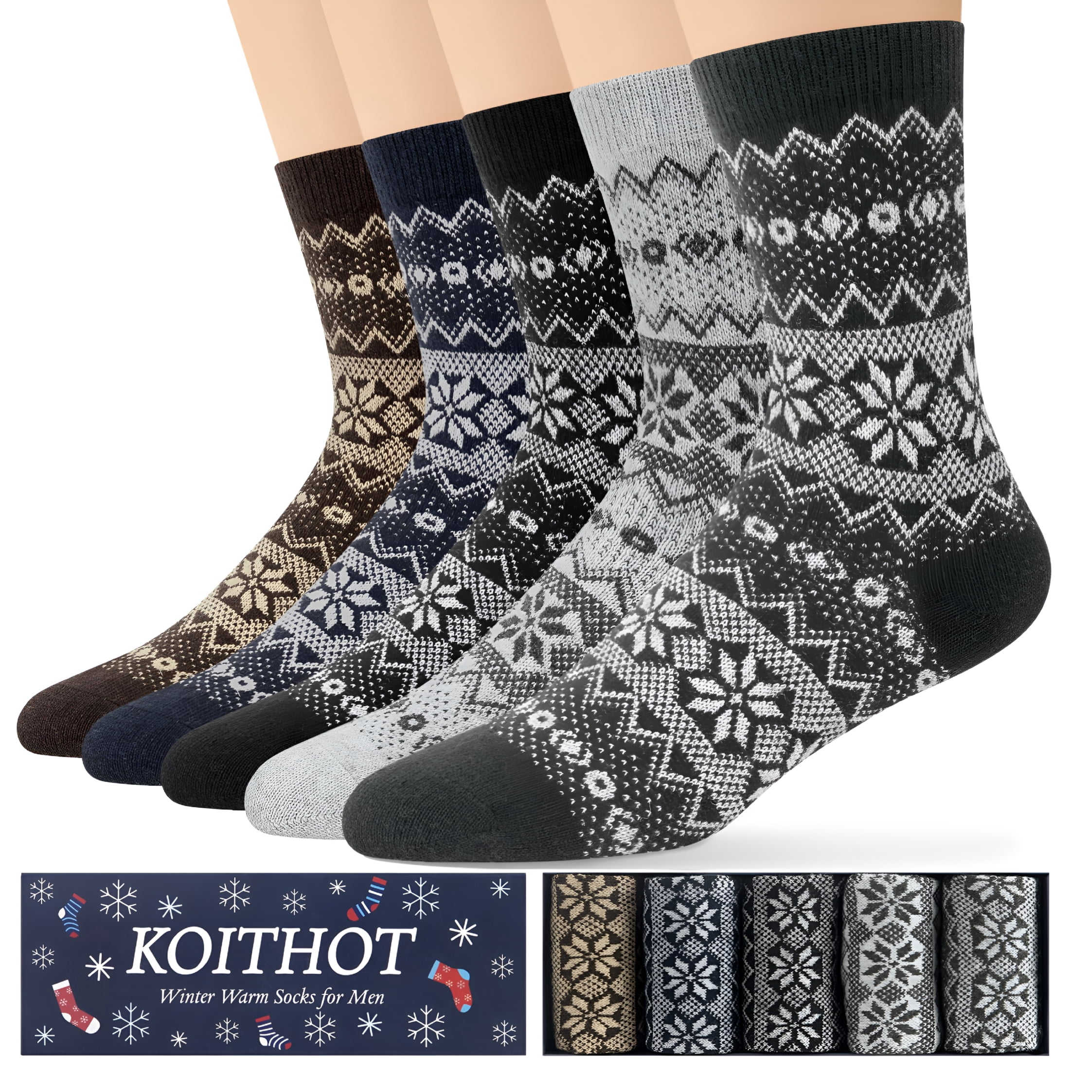 TELOLY 5 Pack Wool Socks for Men Thermal Winter Thick Crew Socks ...