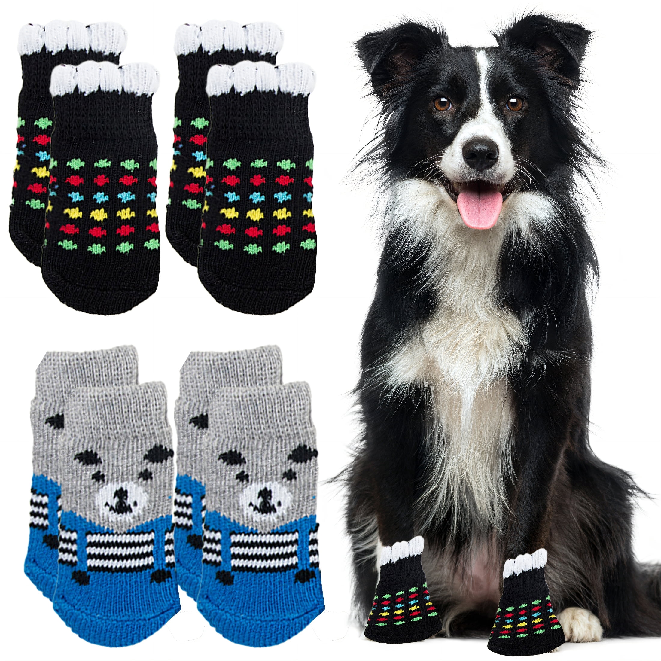 TELOLY 8Pcs Dog Socks,Anti-Slip Pattern Cotton Knit Dog Paw Protector ...