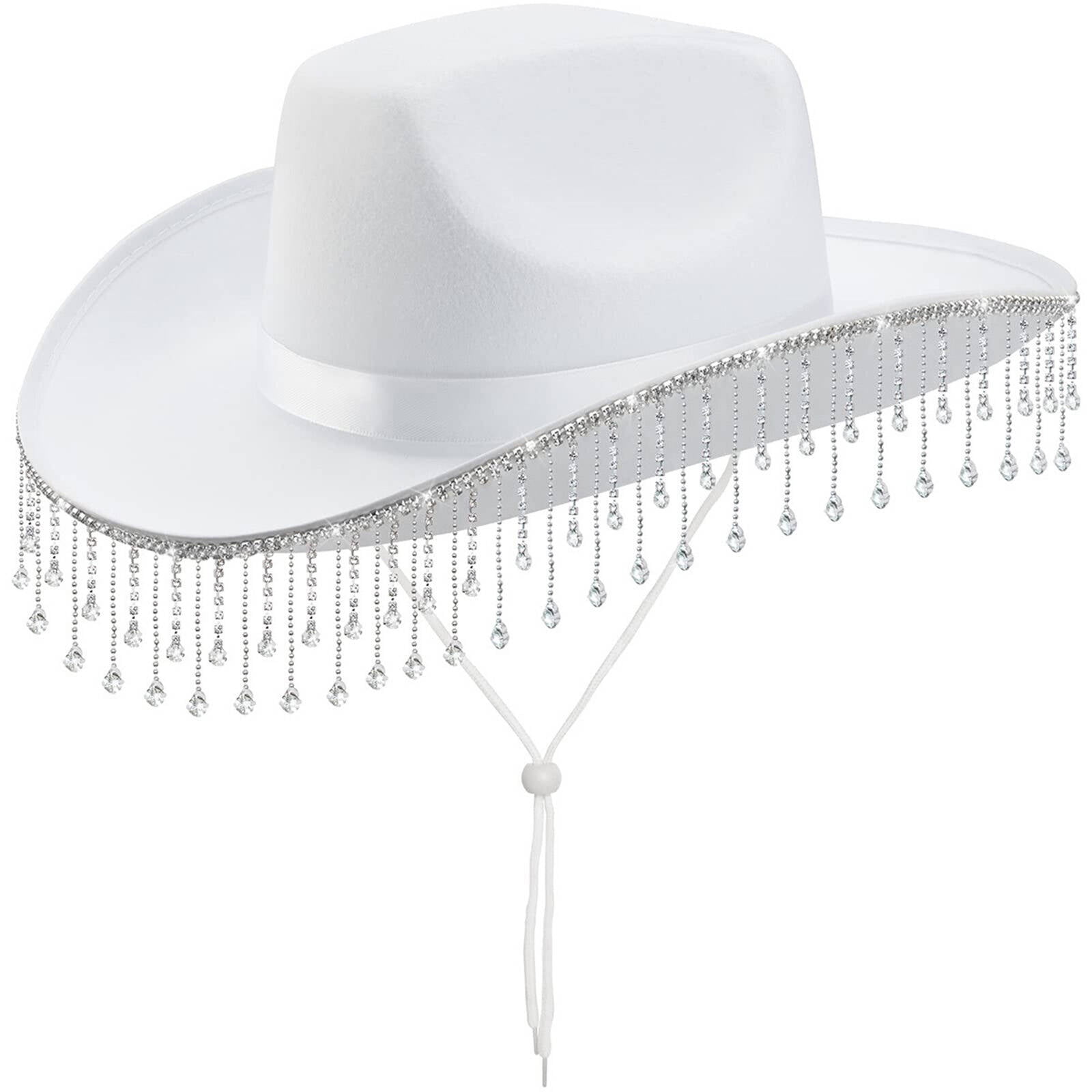 TELOLY Cowboy Hat,Elegant White Cowgirl Hat with Diamond Tassel ...