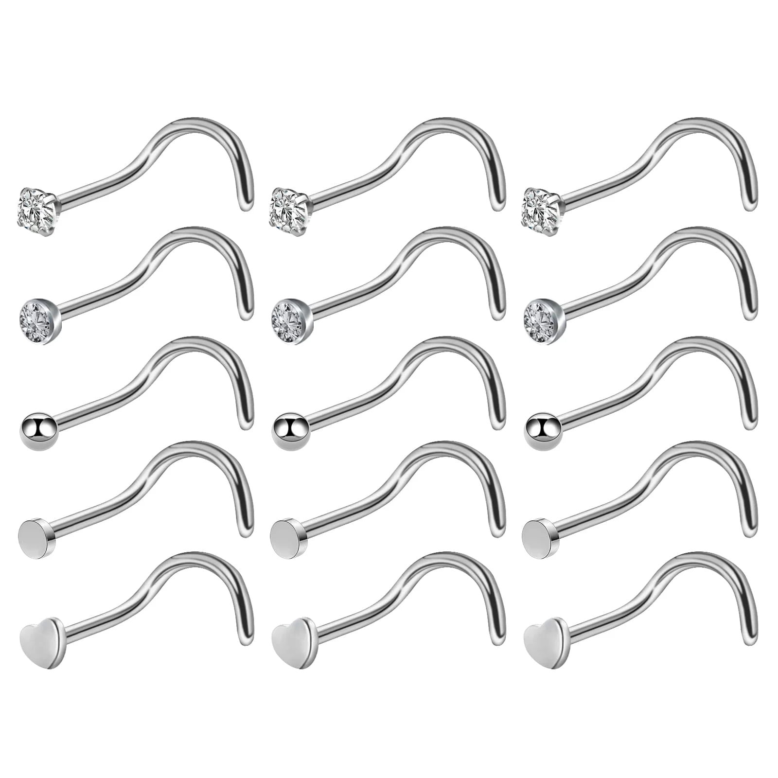 TELOLY Designice 15 Pcs Nose Rings 20G Nose Screws Rings Set Shiny Nose ...