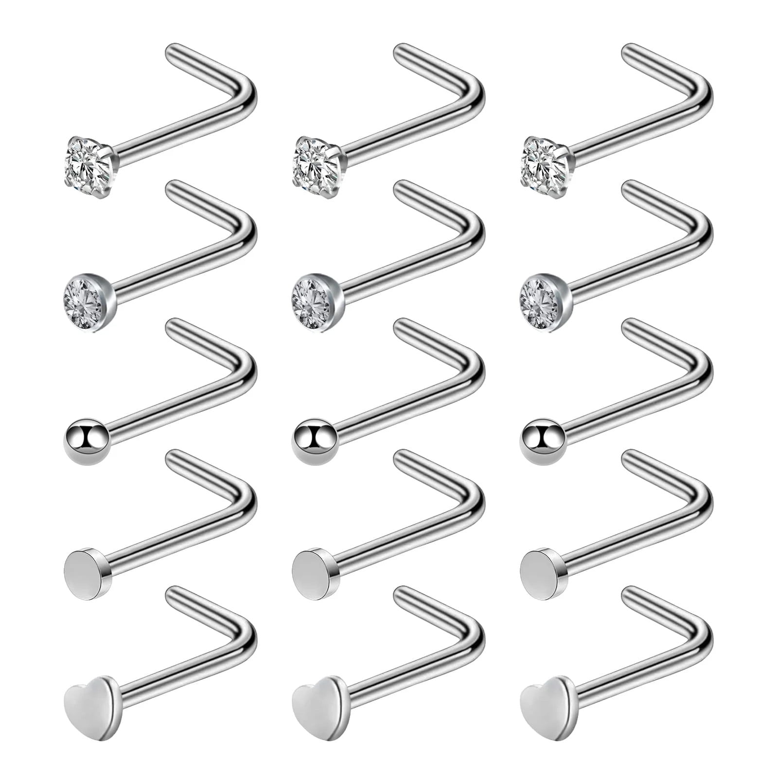 TELOLY Designice 15 Pcs Nose Rings L Shaped Nose Studs 20G Cubic ...