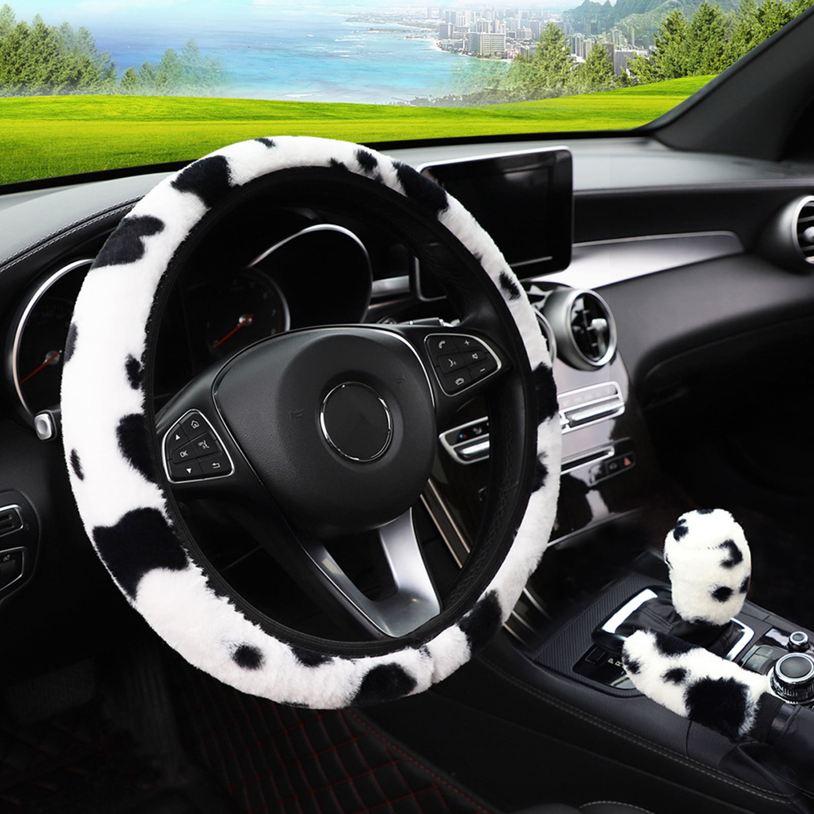 TELOLY Taicanon 37-38Cm Plush Car Steering Wheel Cover Hand Brake Gear ...