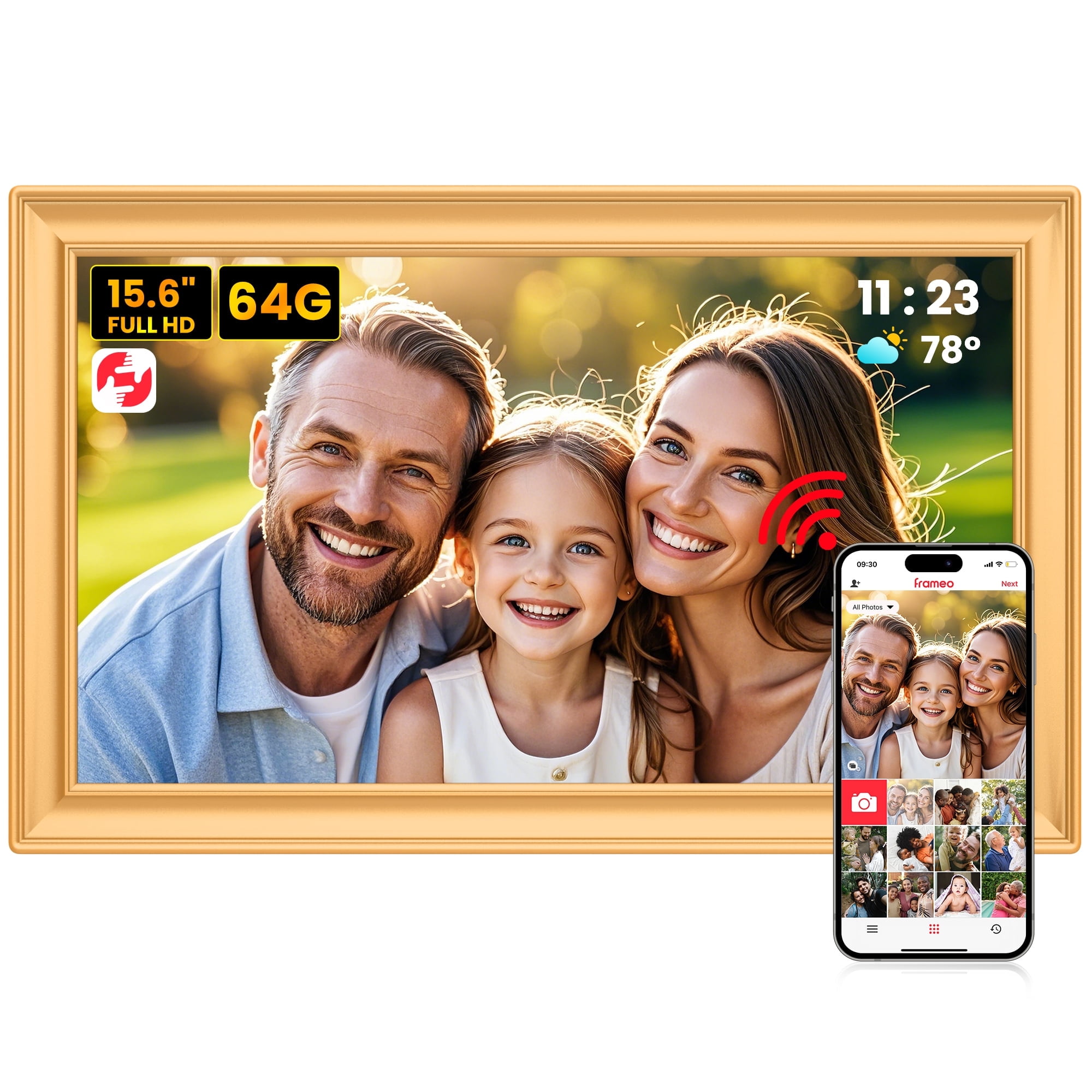 TEMASH Frameo 15.6 Inch WiFi Digital Picture Frame Gold Large Digital ...