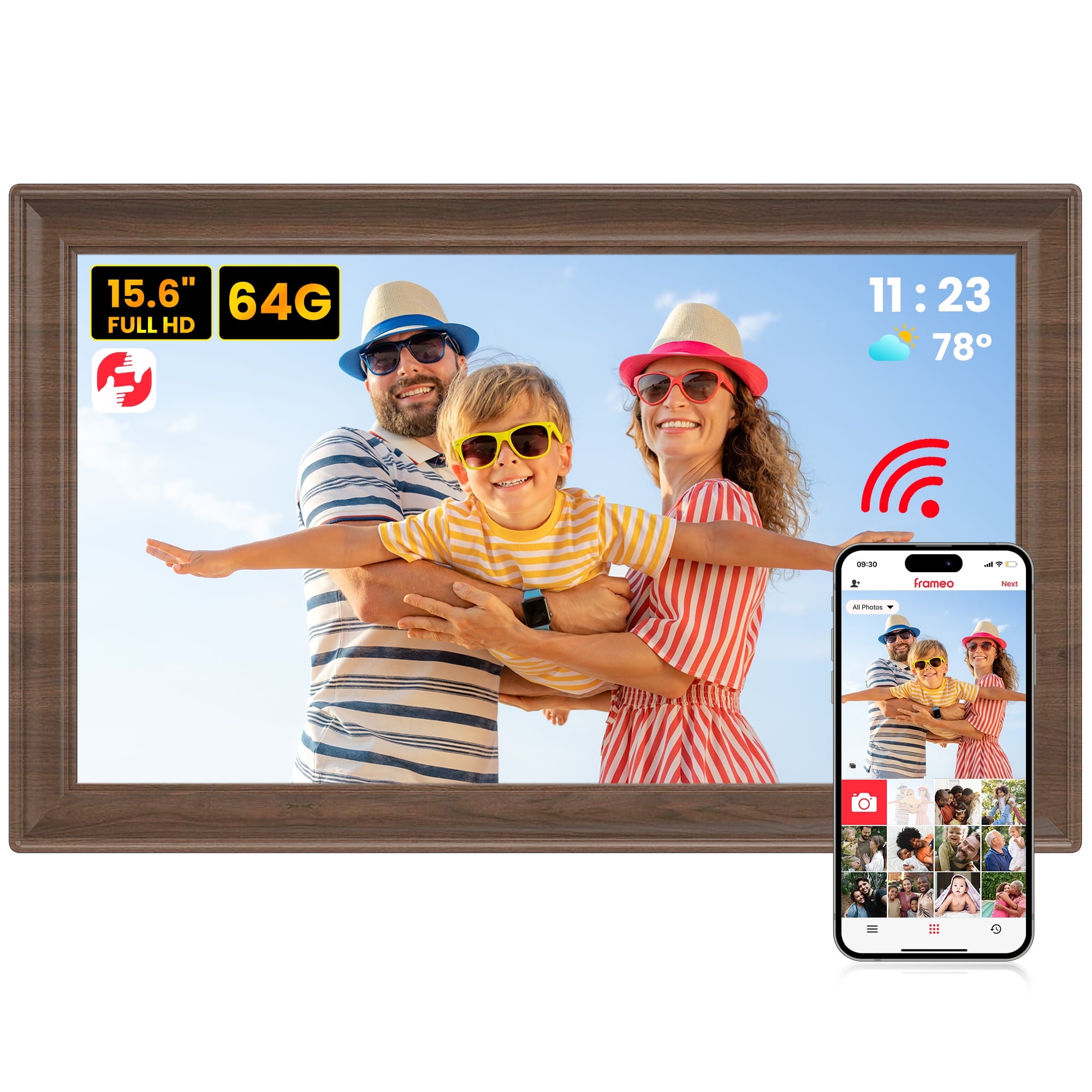 TEMASH Frameo 15.6 Inch WiFi Digital Picture Frame Woodgrain Large ...
