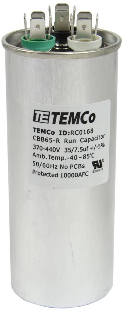 TEMCo 35+7.5 uF Dual Run Capacitor CBB65, 35/7.5 MFD, 370-440V, Round ...