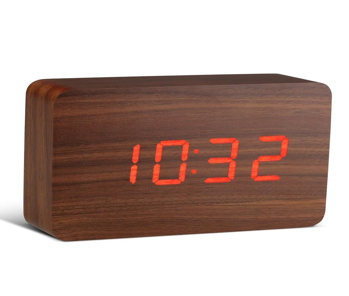 TEMIX Digital LED Display Wooden Desk Shelf Clock with Battery Oparated ...