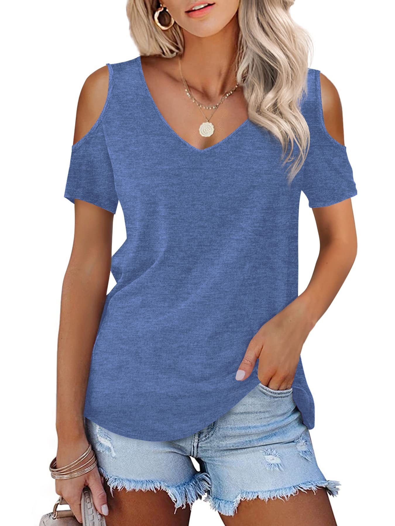 TEMOFON Basic V Neck T-Shirts for Women Loose Cold Shoulder Tunic Tops Loose Blue Sexy Blouse ...