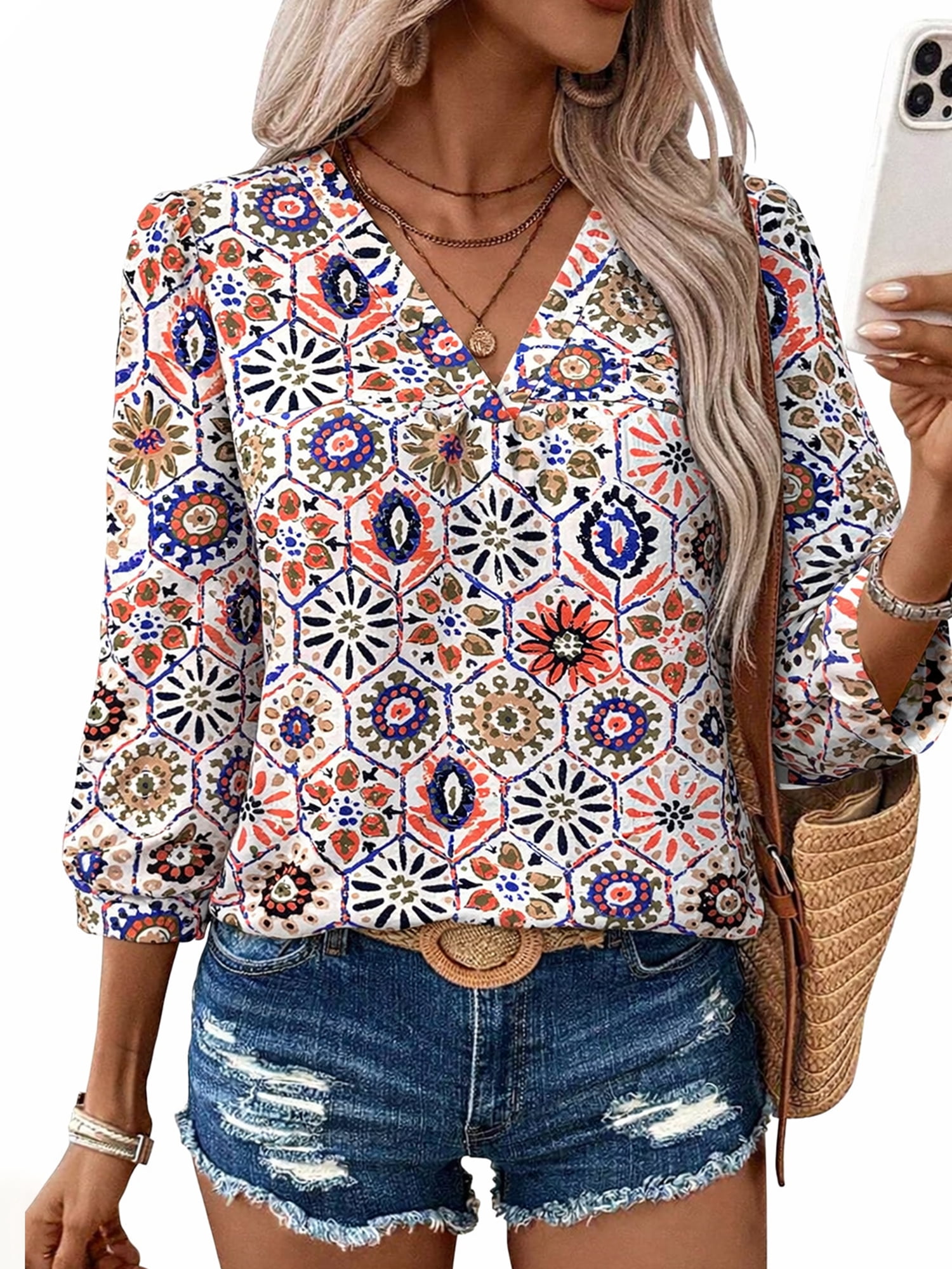 TEMOFON Blouse for Women Summer Floral Print 3/4 Sleeve Womens Tops V ...