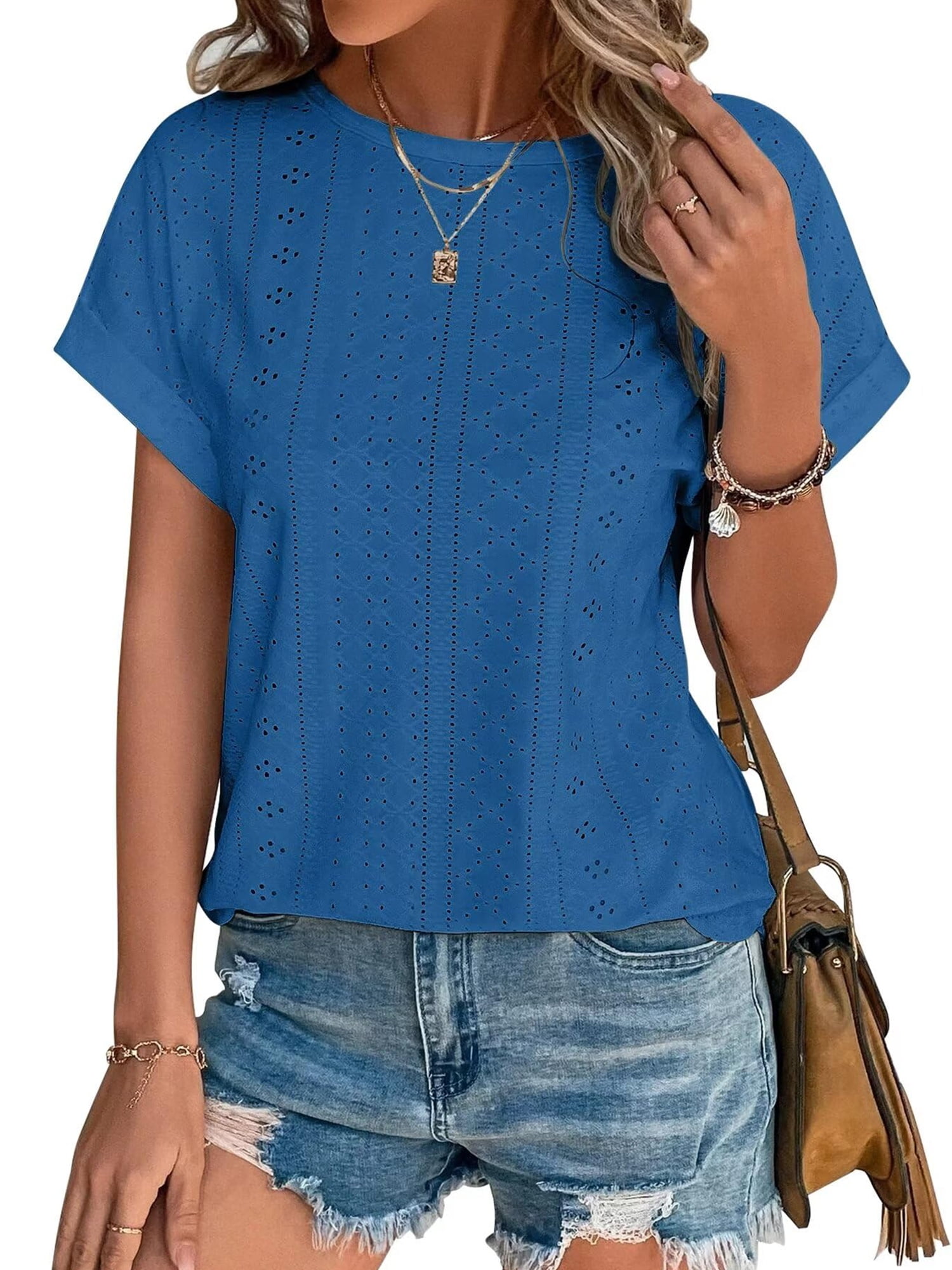 TEMOFON Blouses for Women Dressy Casual Short Sleeve Shirts Eyelet Crew ...