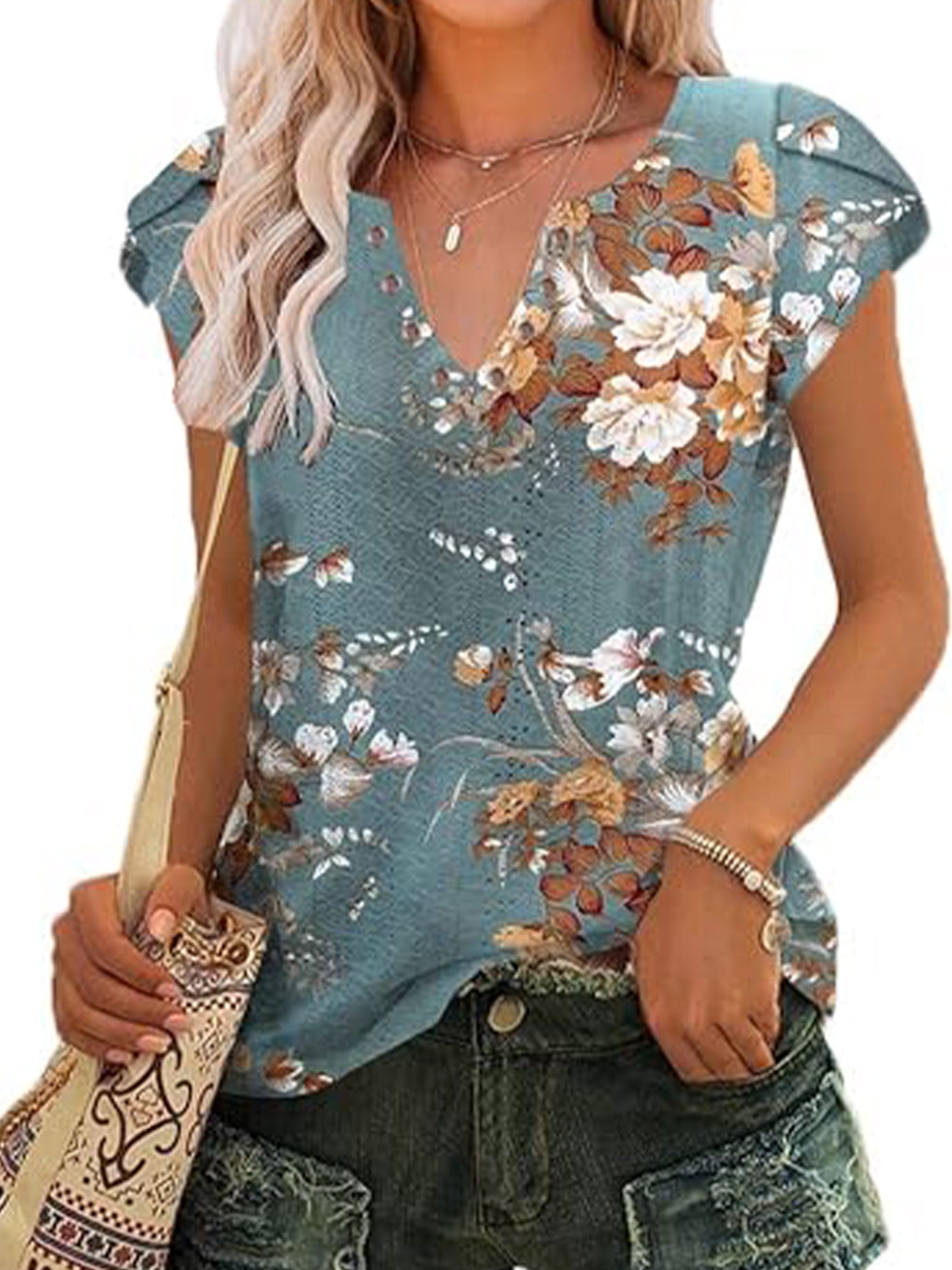 TEMOFON Blouses for Women Floral Print V Neck Ruffle Short Sleeve ...