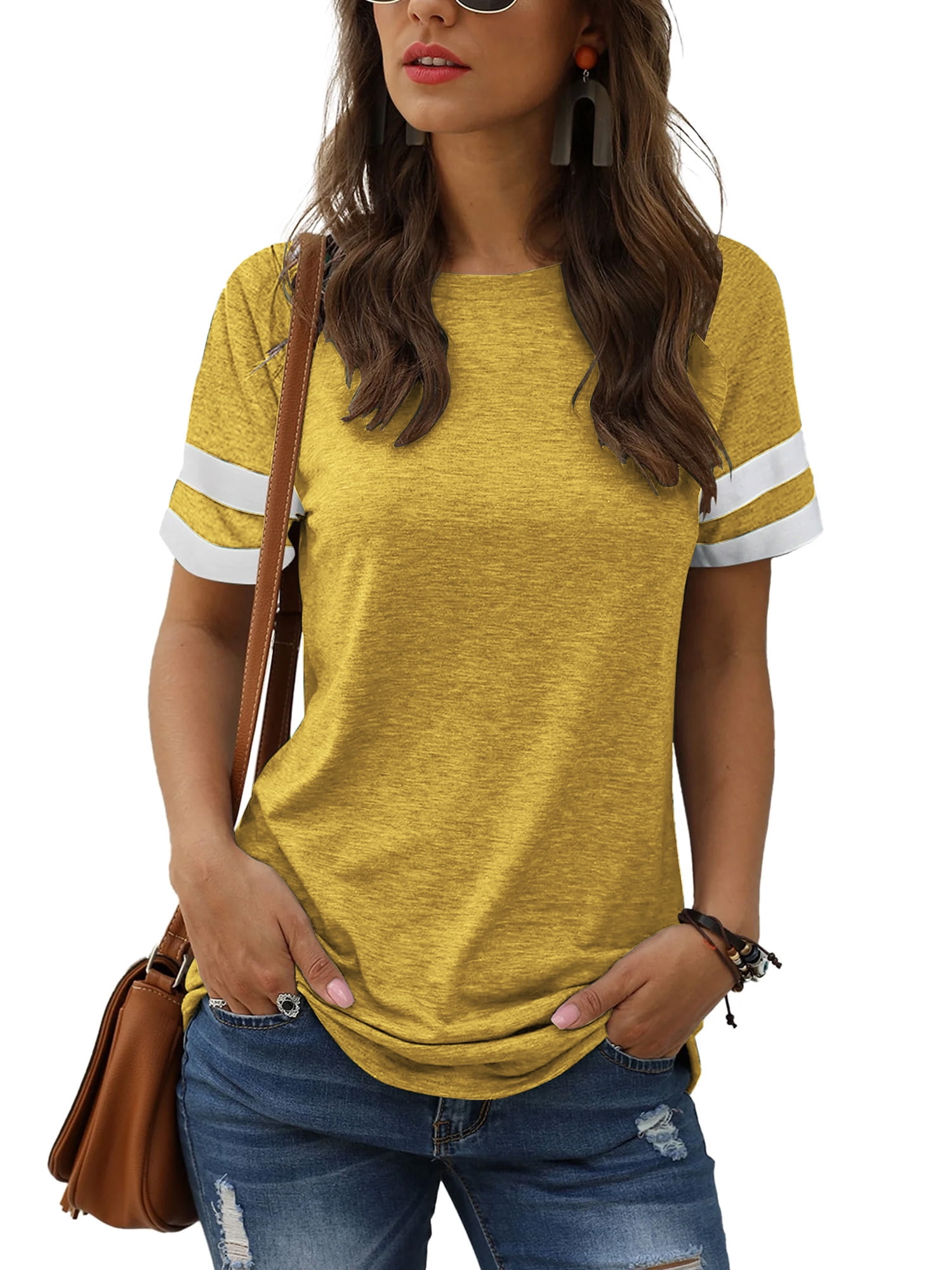 Temofon Women's Color Block T-Shirt, Short Sleeve Crew Neck, Casual ...