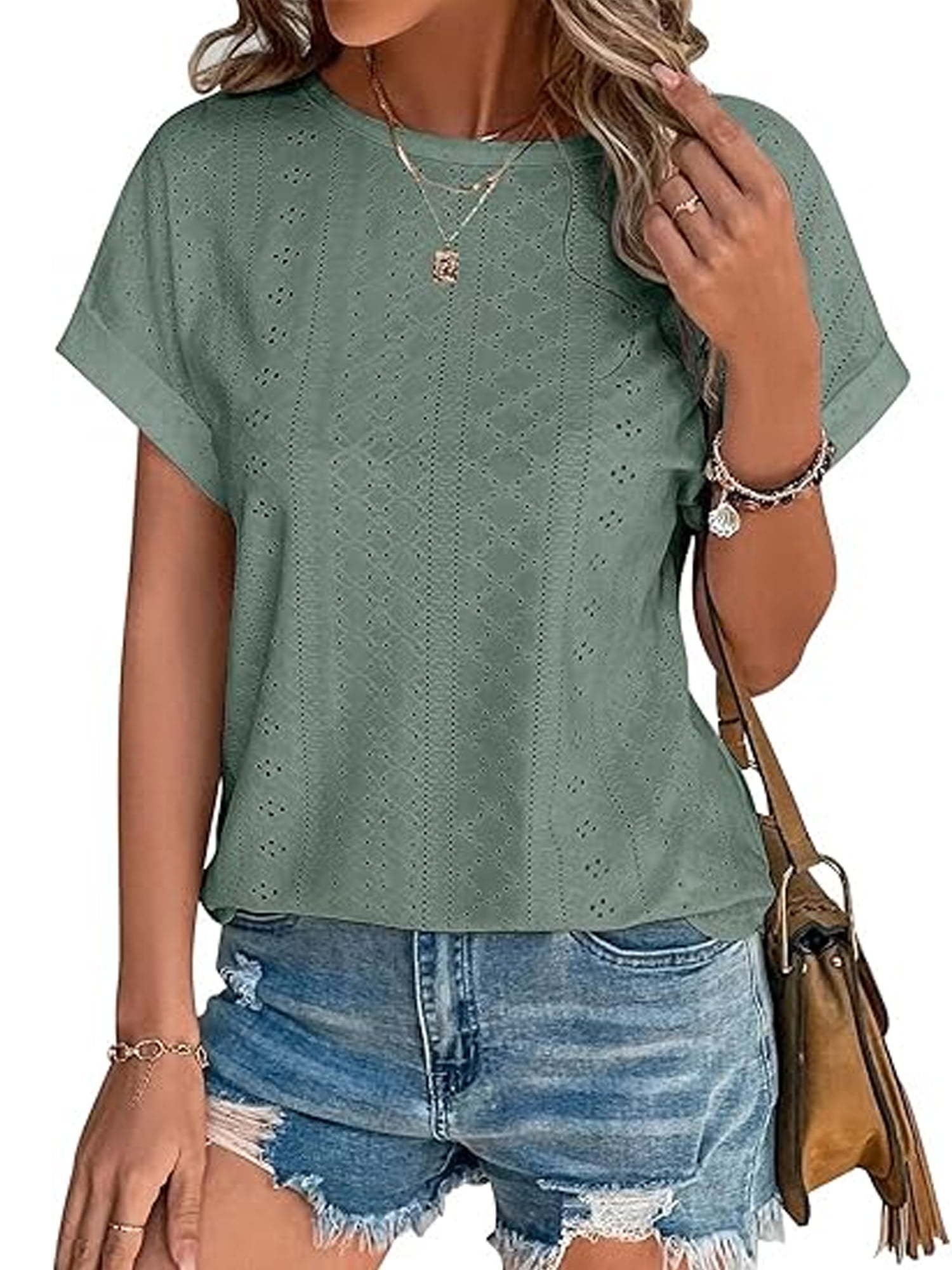 TEMOFON Eyelet Blouses for Women Dressy Casual Short Sleeve Shirts Crew ...