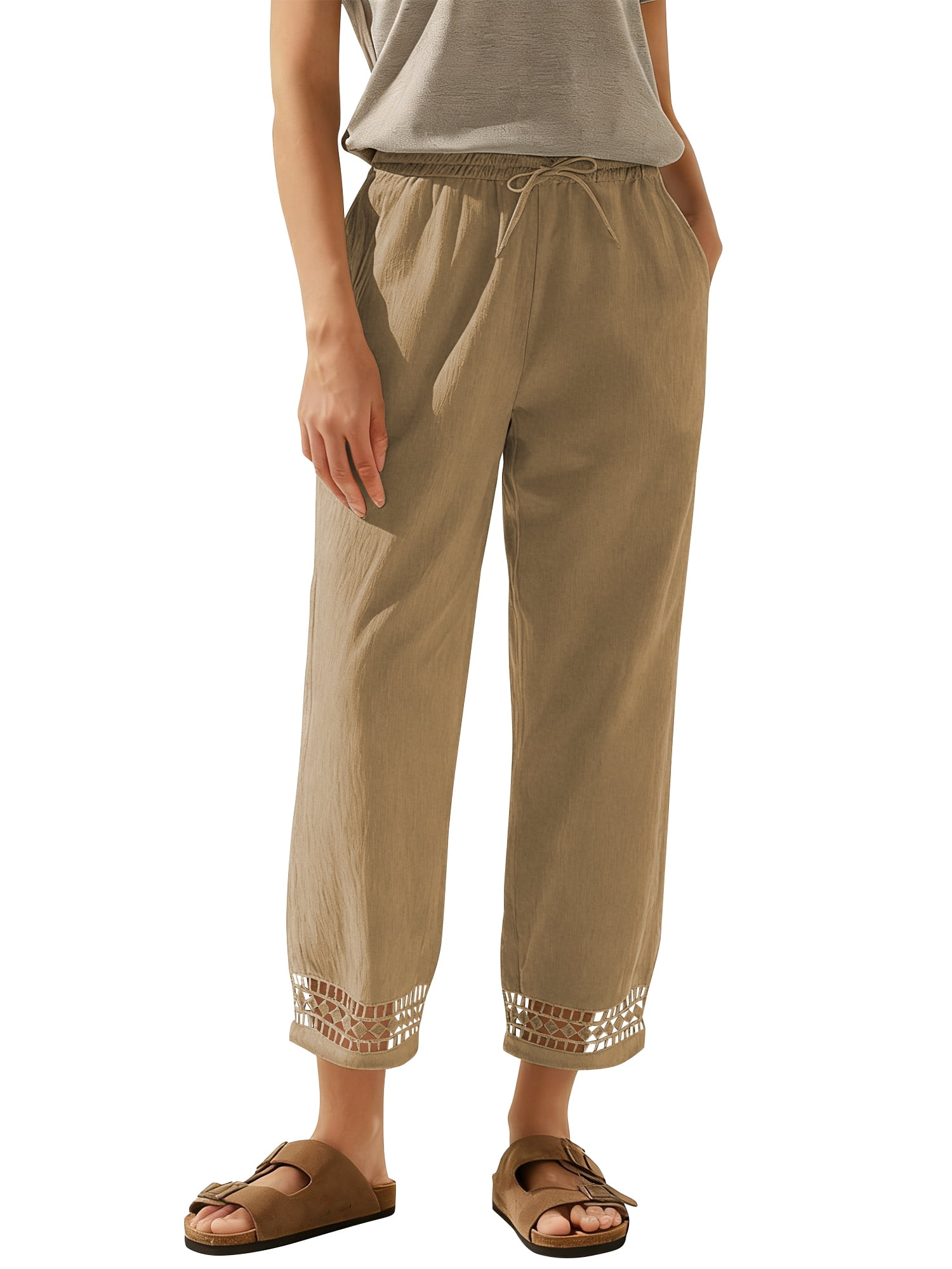 TEMOFON Linen Pants for Women Capri Summer Lounge Tapered Leg with ...