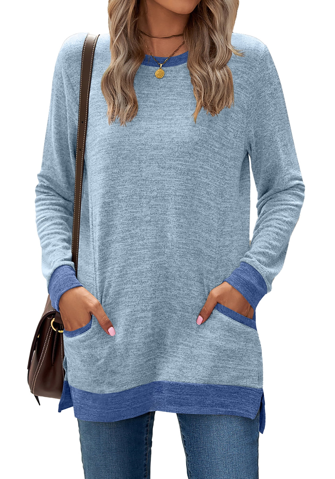 TEMOFON Long Sleeve Shirts for Women Fall Comfy Crewneck T Shirts Side ...
