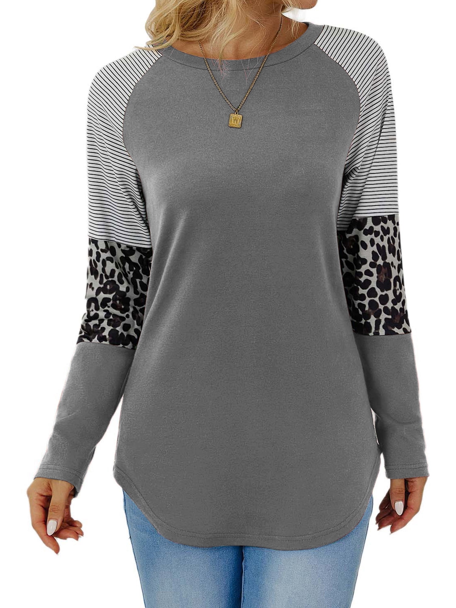 TEMOFON Long Sleeve Tops for Women Fall Round Neck T Shirts Color Block ...