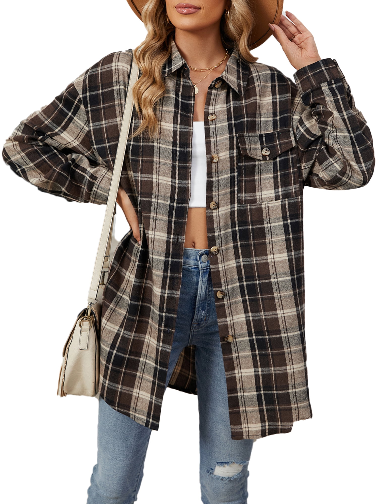 TEMOFON Long Sleeve Tops for Women Flannel Plaid Blouses Casual Long ...