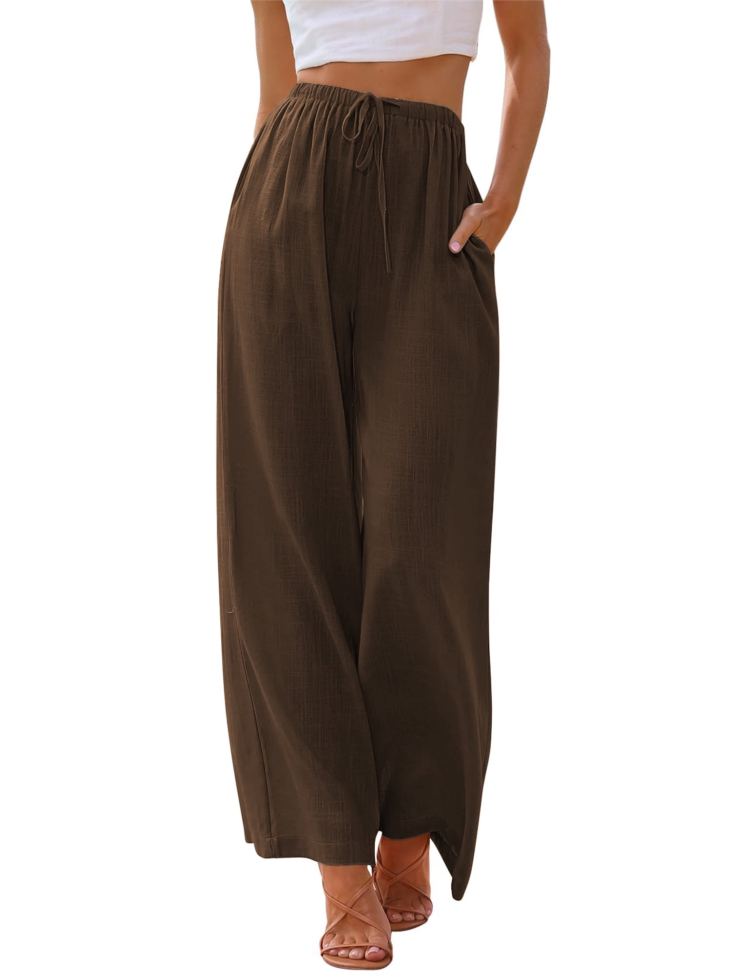 Temofon Wide Leg Linen Pants for Women, Coffee, Loose Fit, Drawstring ...
