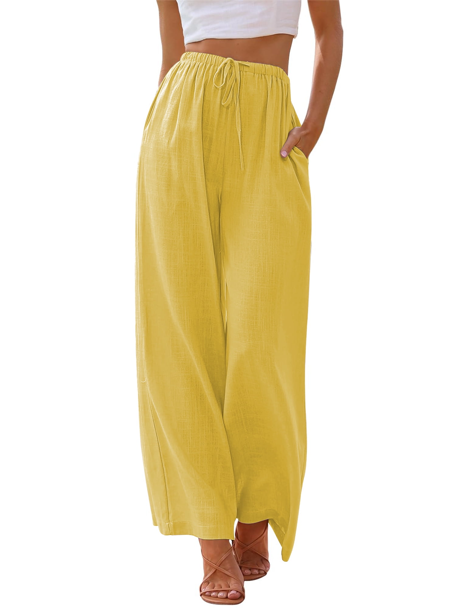 Temofon Women's Wide Leg Linen Pants, Yellow, Lightweight, Flowy ...