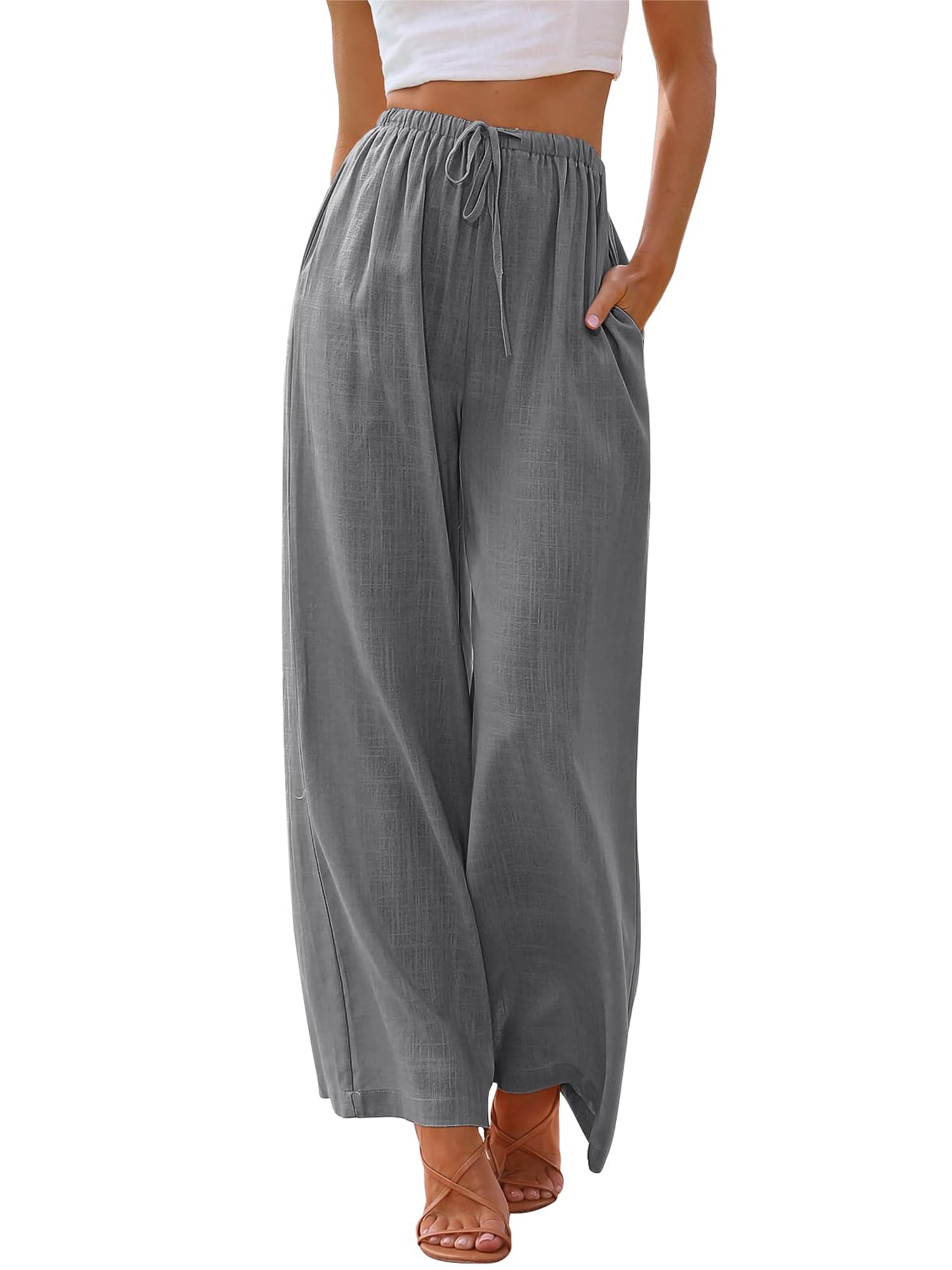 Temofon Pants for Women, Wide Leg Linen Palazzo, Summer Casual with ...