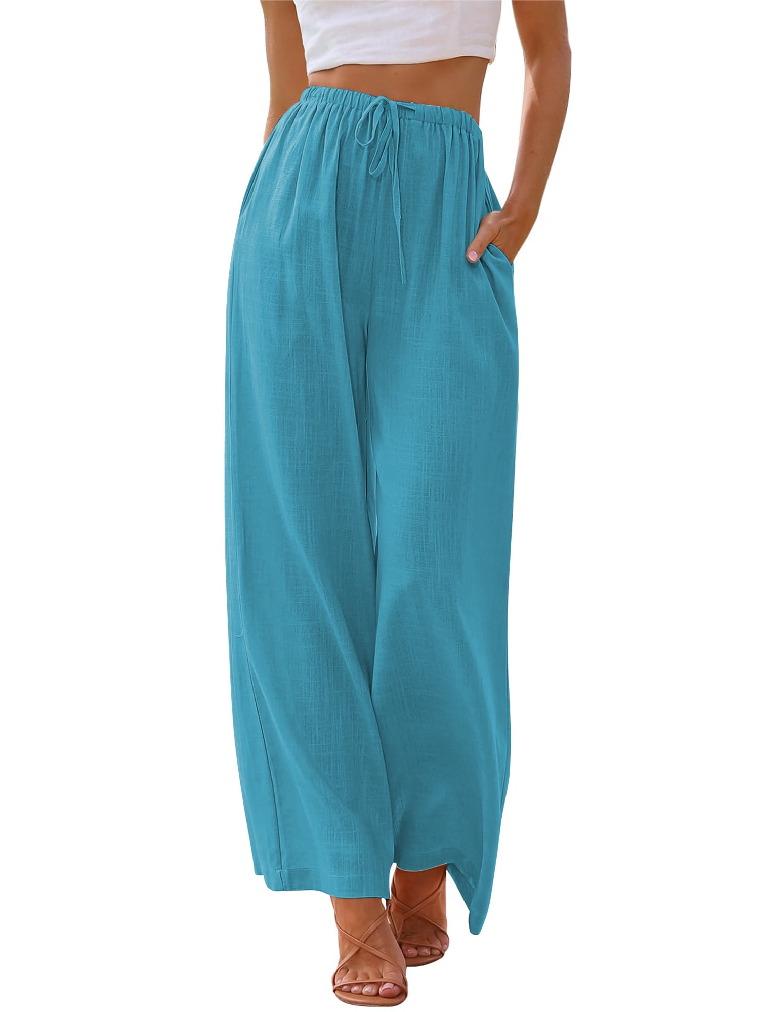 Temofon Women's Wide Leg Linen Pants, Light Blue, Flowy Palazzo Pants ...