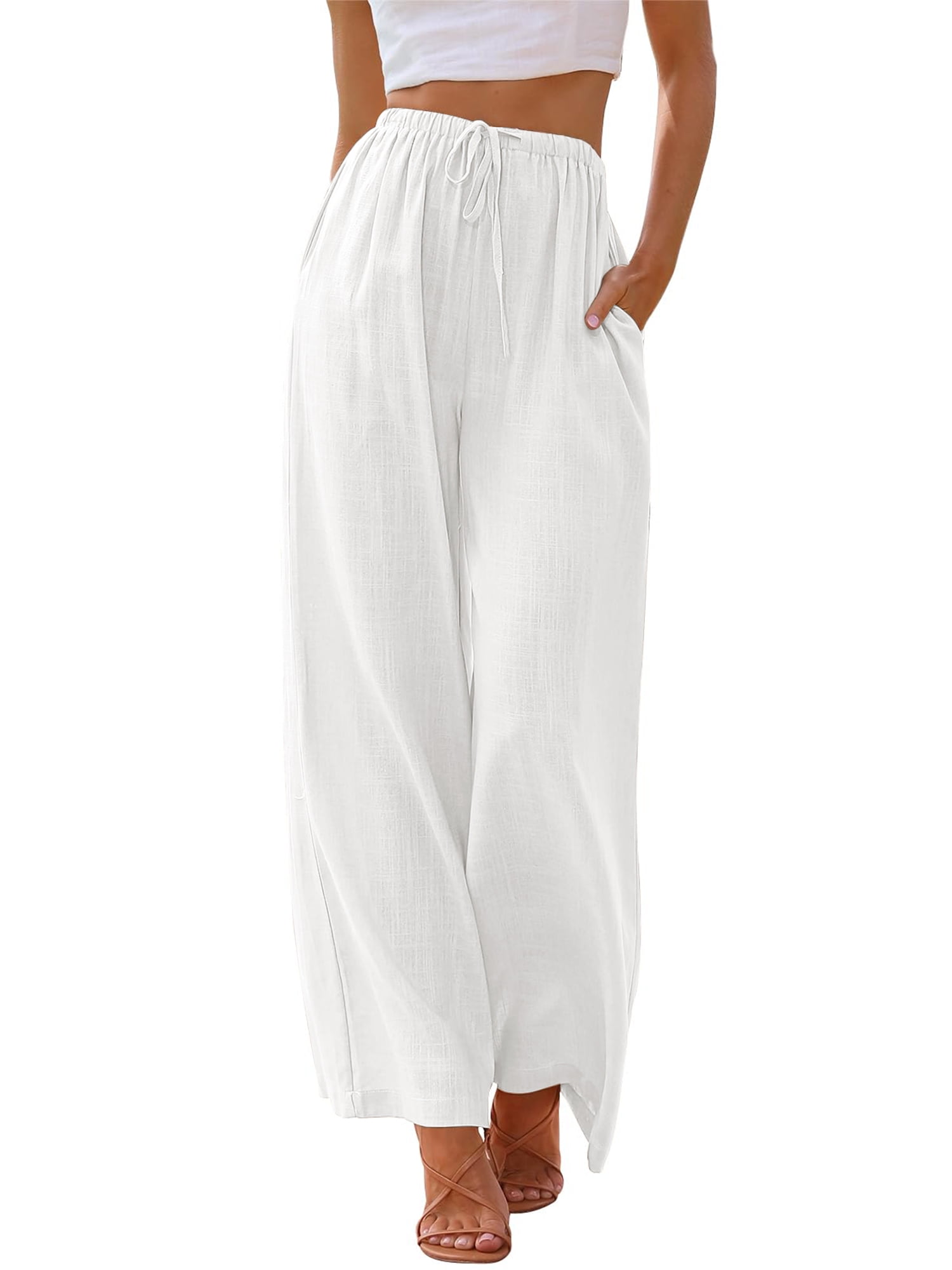 Temofon Women's Wide Leg Linen Pants, White, Lightweight, Flowy Comfort ...