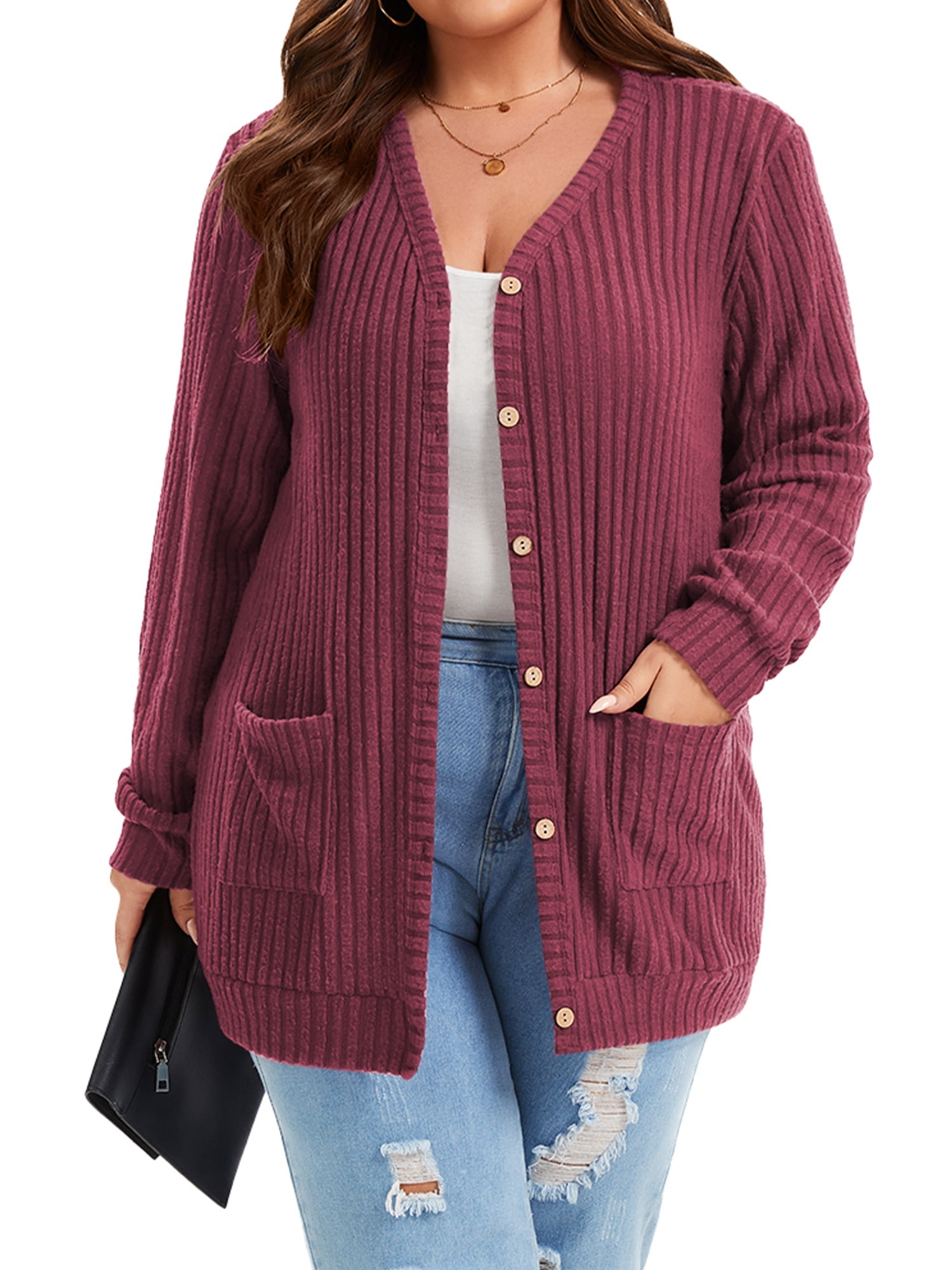 TEMOFON Red Cardigan for Women Plus Size Buttons Down with Pocket Long ...
