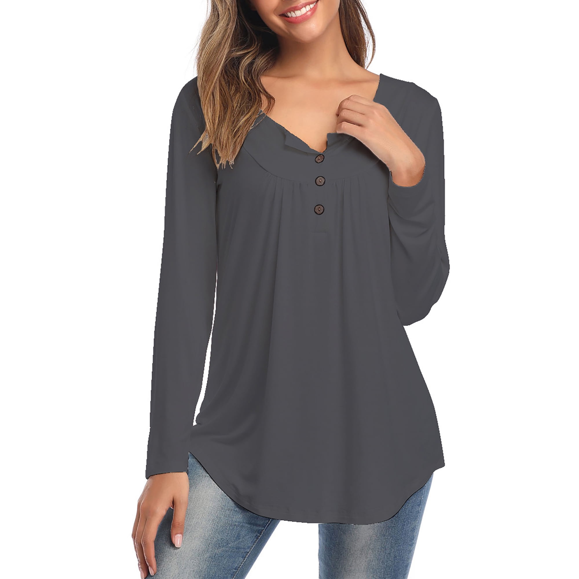 TEMOFON Shirts for Women Long Sleeve Sexy V-Neck Tops Casual Fahion ...