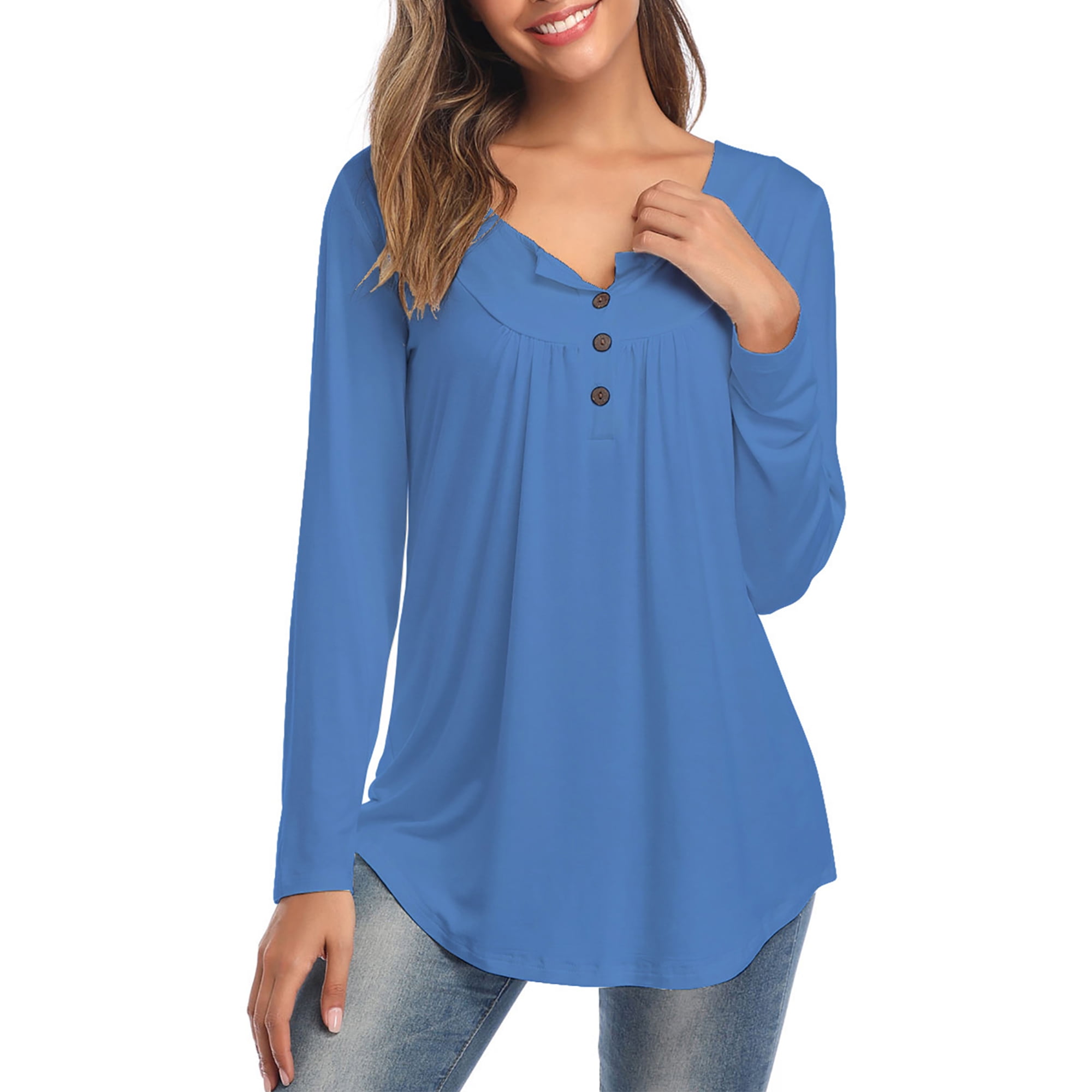 TEMOFON Shirts for Women Long Sleeve Sexy V-Neck Tops Casual Fahion ...