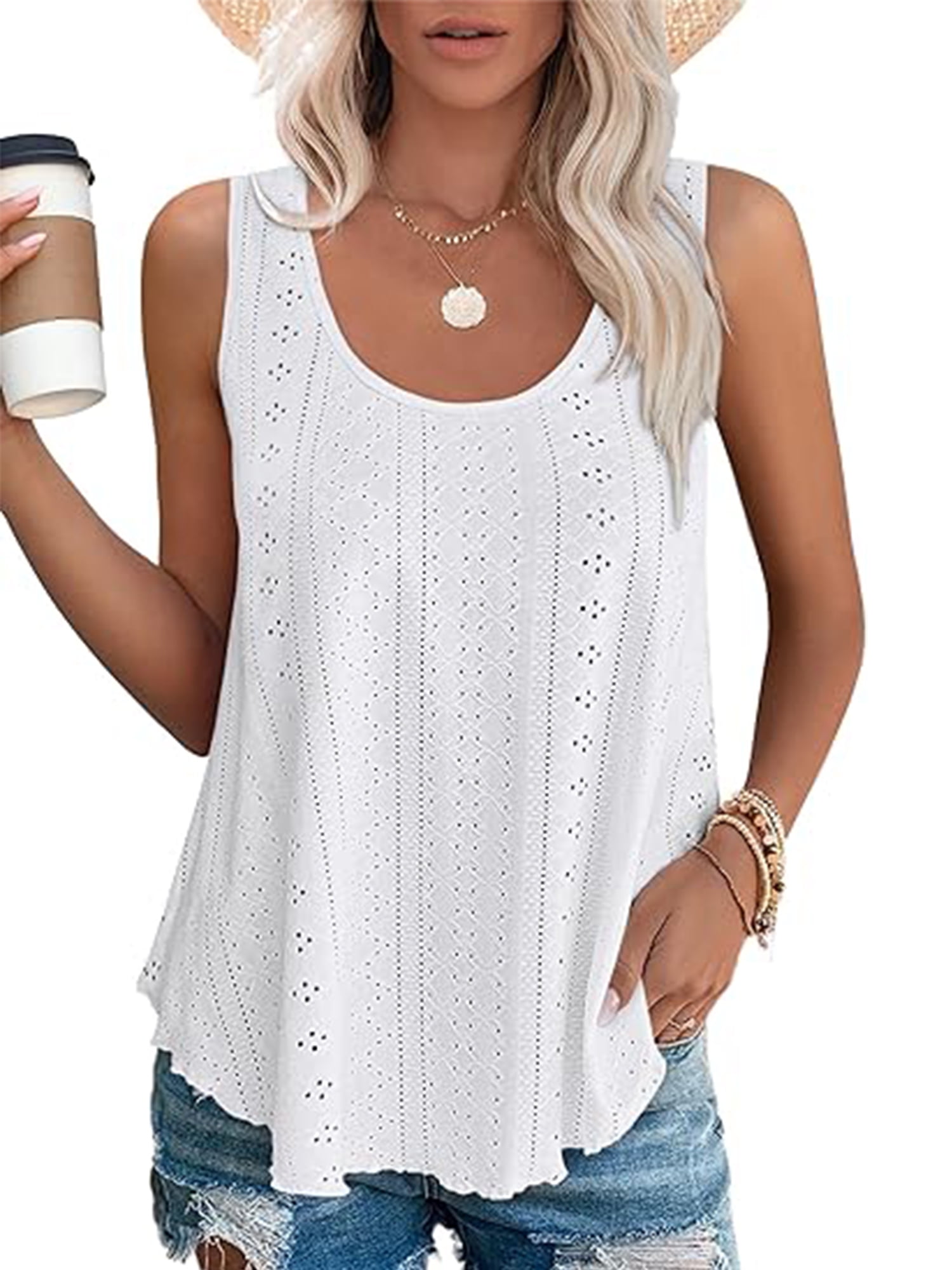TEMOFON Sleeveless Tops for Women Wummer Loose Shirts Casual Round Neck ...