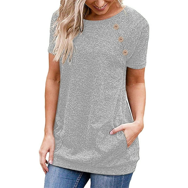 TEMOFON Summer Shirts for Women Short Sleeve Tops Casual Crewneck Side ...