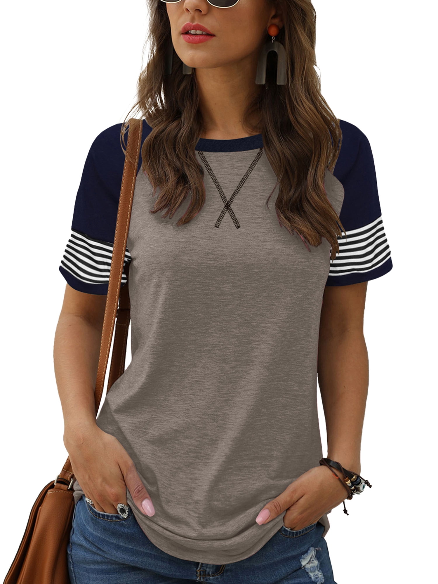 Temofon Summer Short Sleeve Color Block Tunic Tops for Women, Striped ...