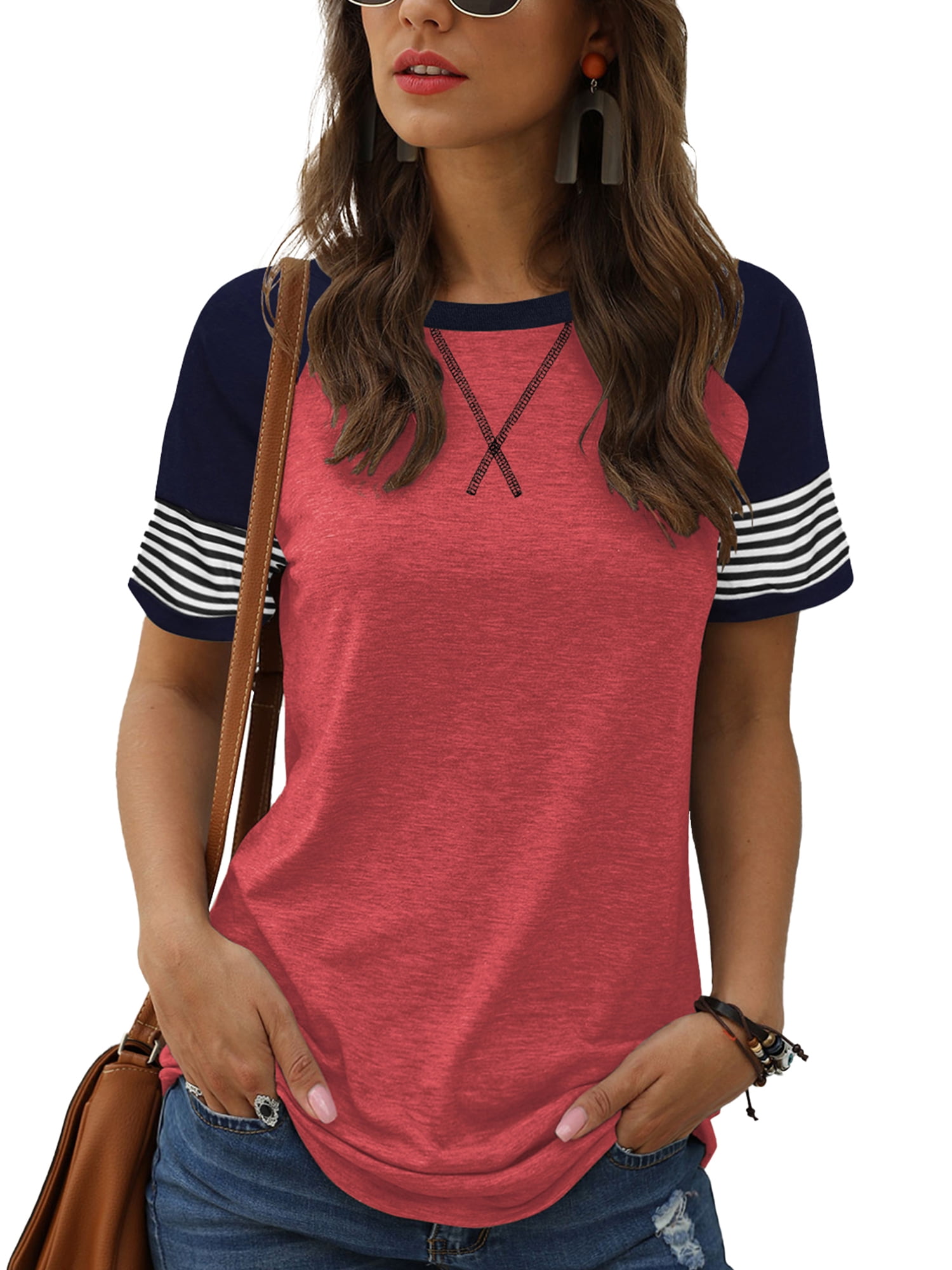 Temofon, Women's Summer Short Sleeve Tops, Pink, Size L - Walmart.com