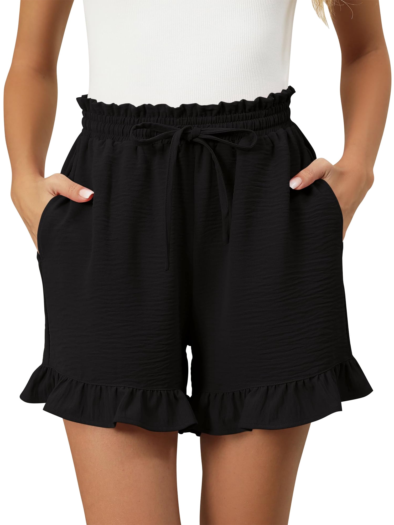 Temofon, Summer Shorts for Women, Solid Black Pleated, Elastic Waist ...