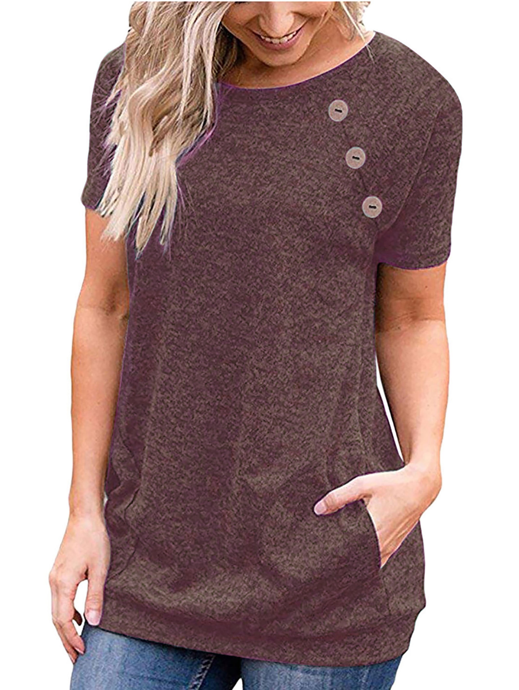 TEMOFON Summer Tops Women Shirts Side Button Tshirts Casual Short ...