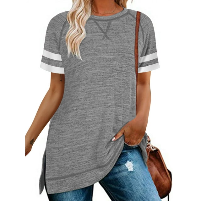 TEMOFON Women's Summer Color Block T-Shirt with Side Split, Casual ...