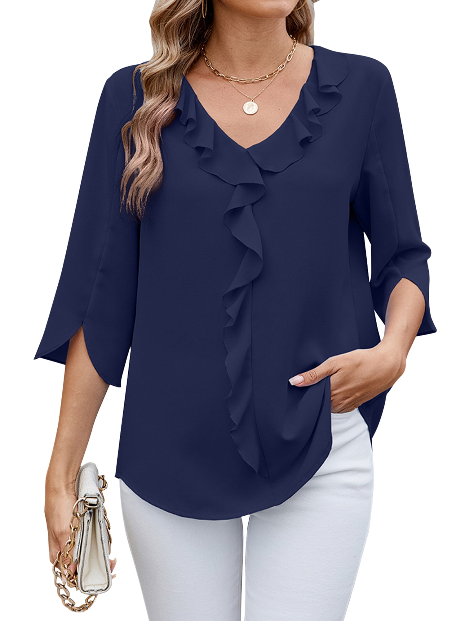 TEMOFON Summer Tops for Women Casual Ruffle V Neck 3/4 Sleeve Blouses ...