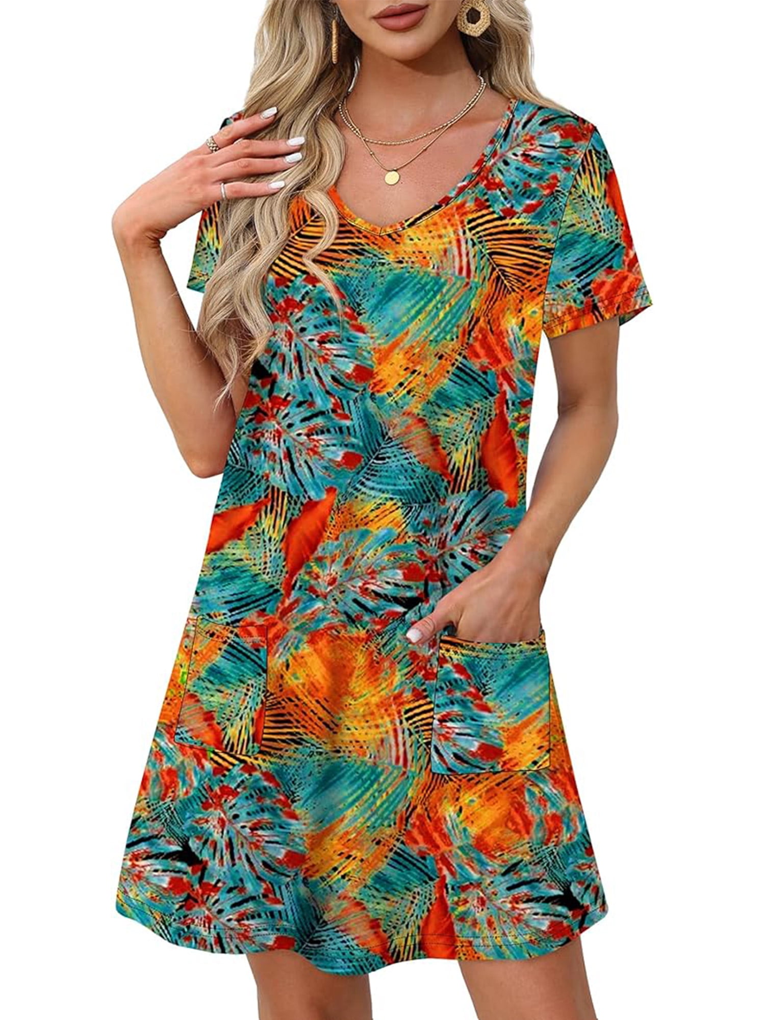 TEMOFON Summer Womens Dresses Short Sleeve Dress for Women Orangeleaf ...