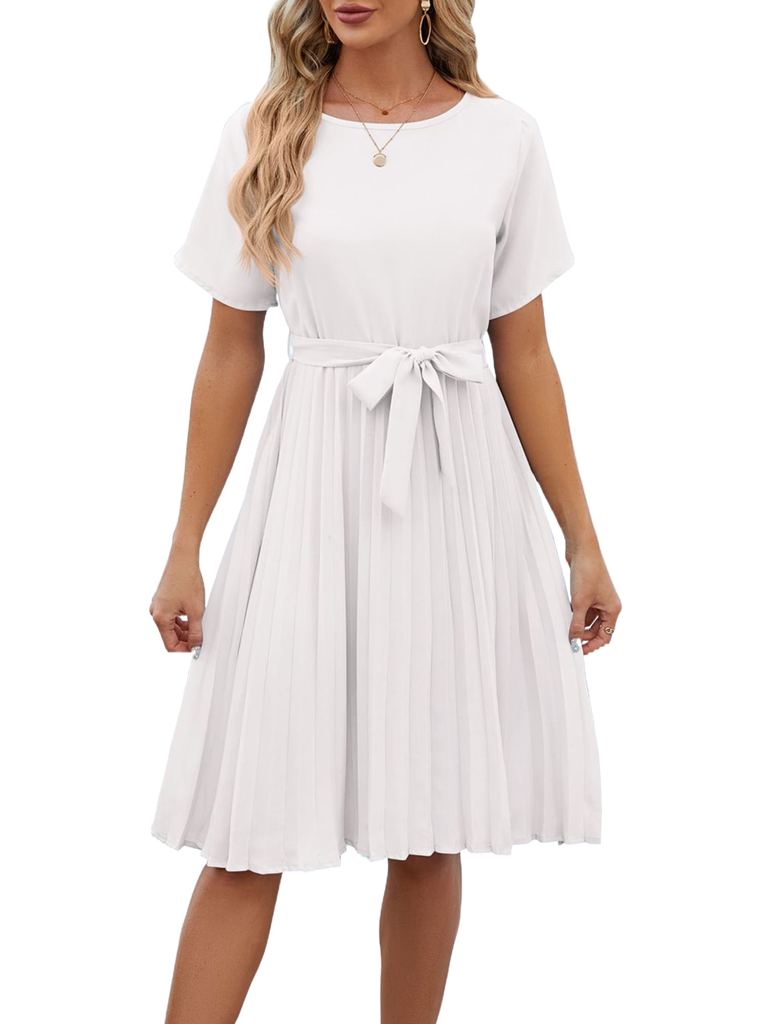 TEMOFON Swing Dresses for Wome Short Sleeve Round Neck Pleated Dress ...