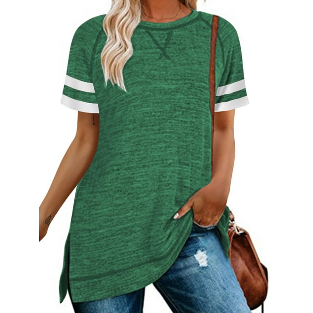 TEMOFON Tops for Women Casual Summer Short Sleeve Tunic Top Side Split ...