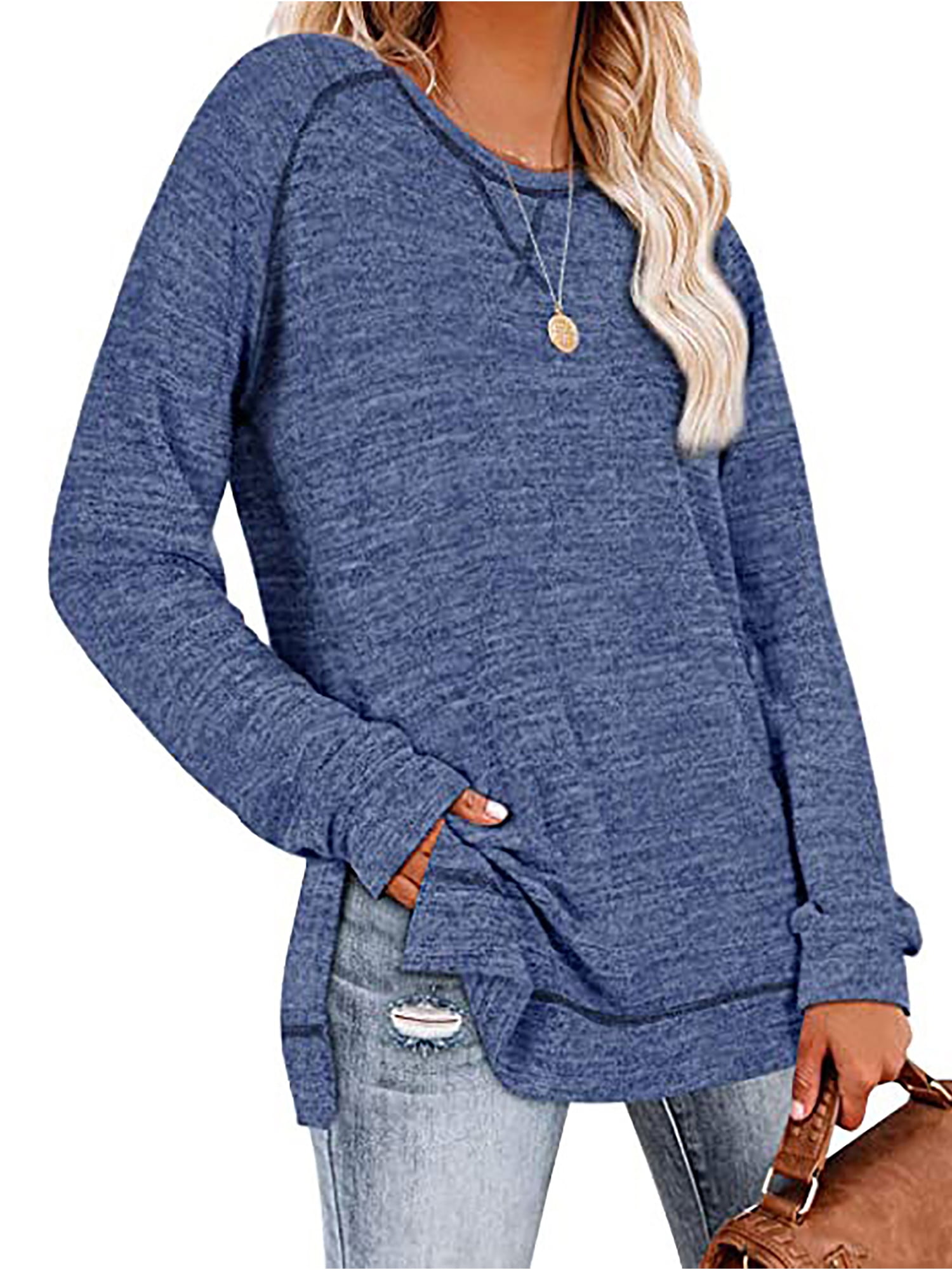 TEMOFON Tops for Women Fall Long Sleeve Sweatshirt Trendy Side Split ...