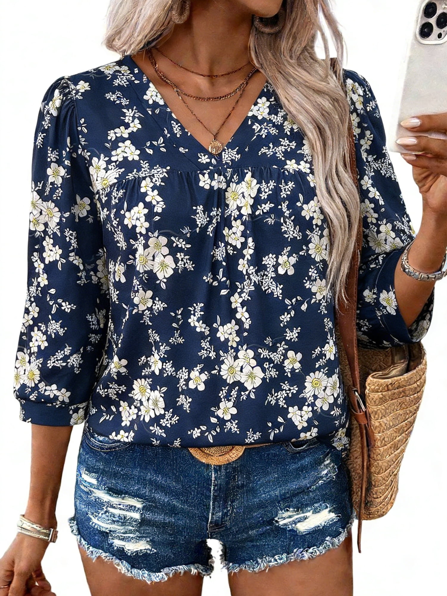 TEMOFON Tops for Women Summer Floral Print 3/4 Sleeve V Neck Womens ...