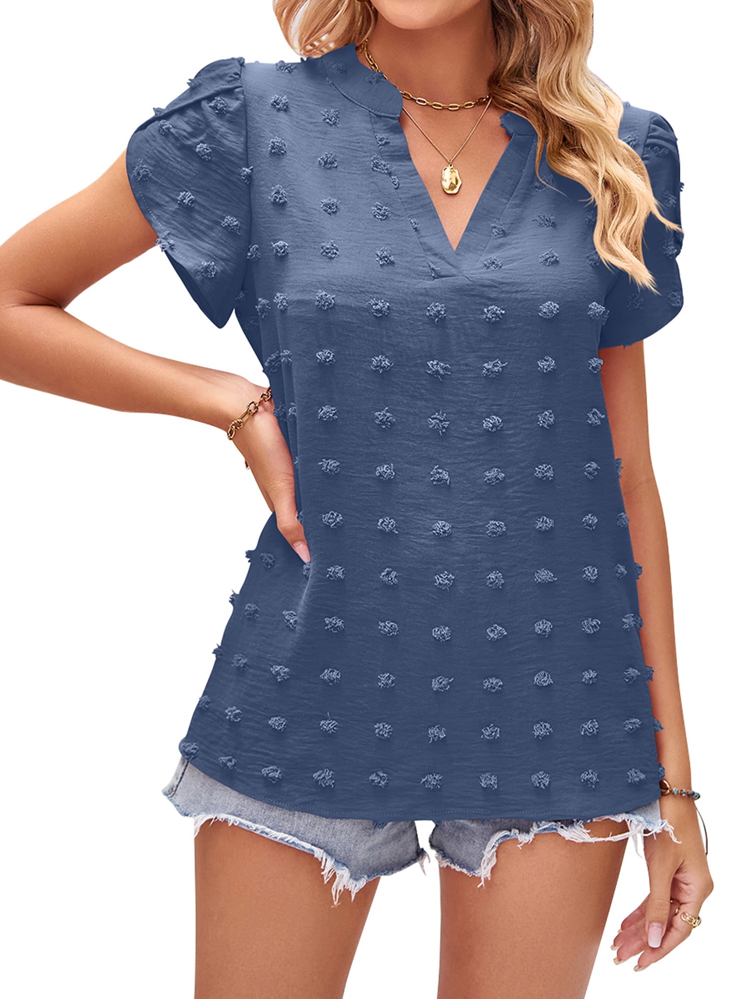 TEMOFON Womens White Blouse V Neck Ruffle Sleeve Flowy Shirts Dressy ...