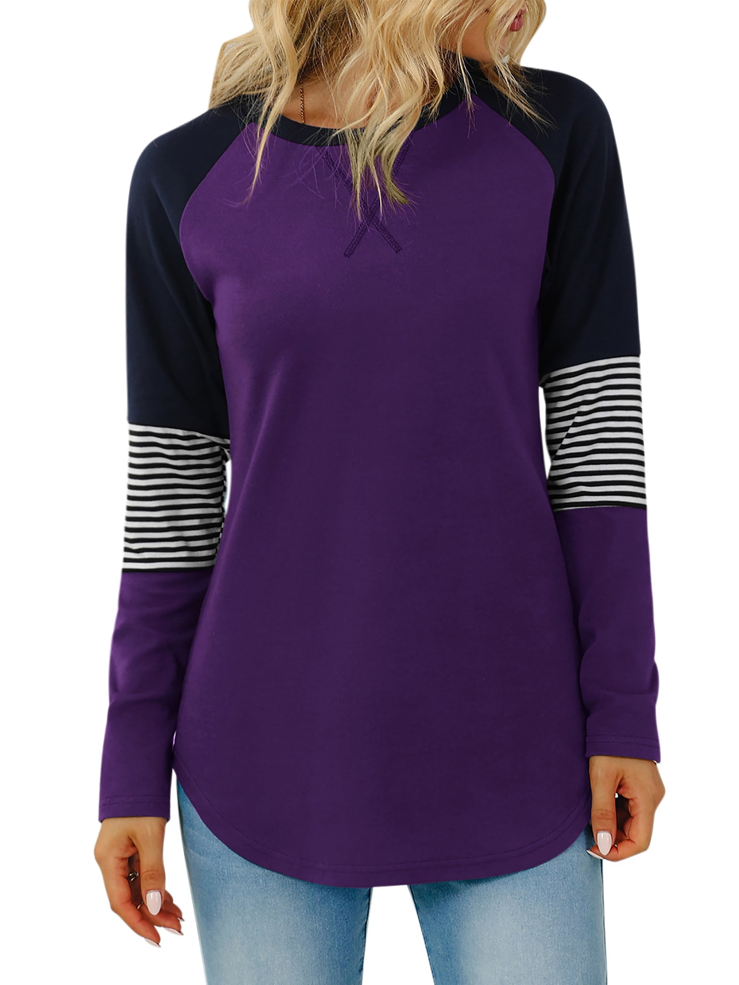 TEMOFON Women's Color Block Tunic, Striped Raglan Sleeve, Crew Neck ...