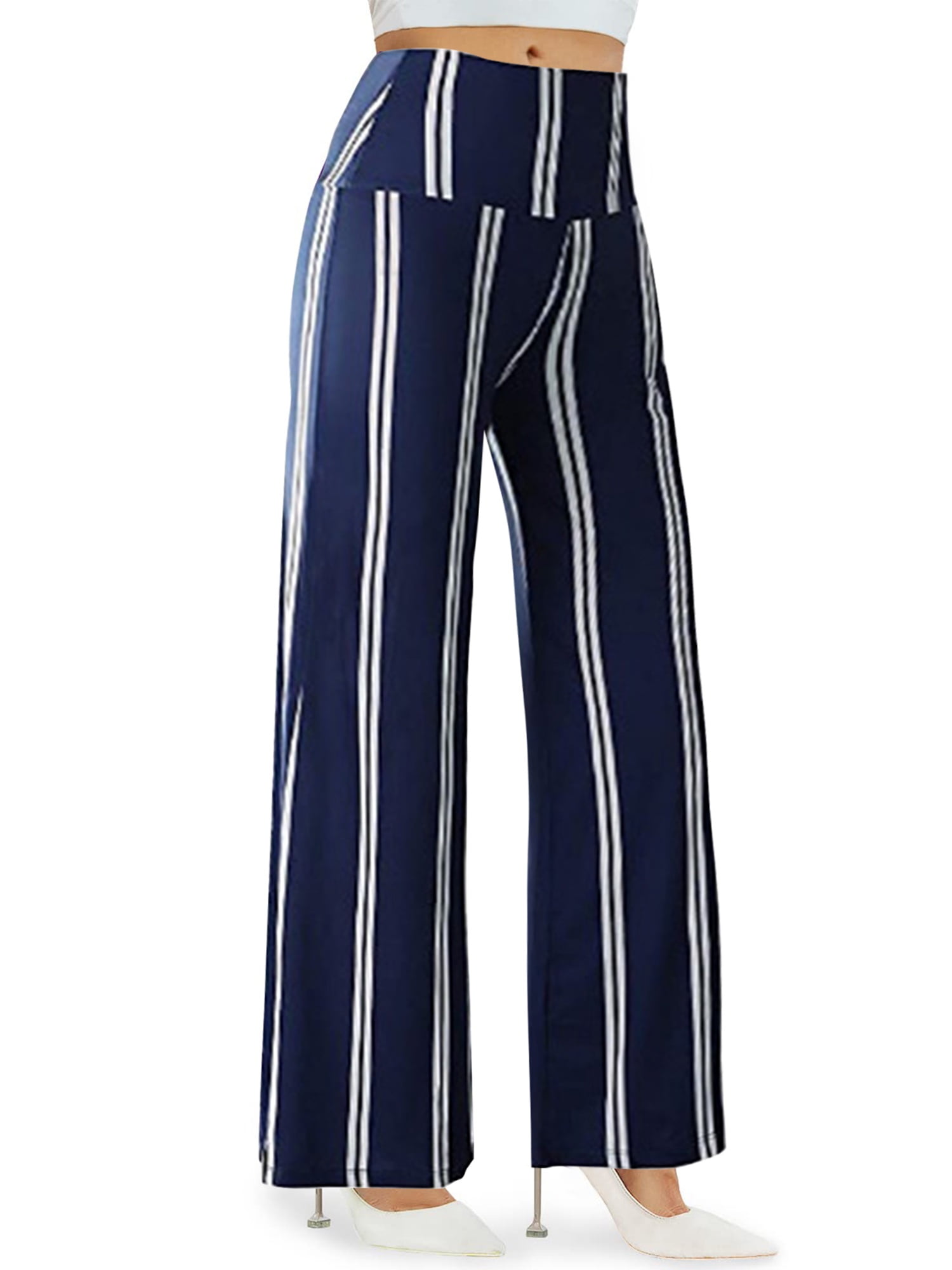 TEMOFON Women High Waist Pants Fashion Stripe Stretchy Wide Leg Palazzo ...