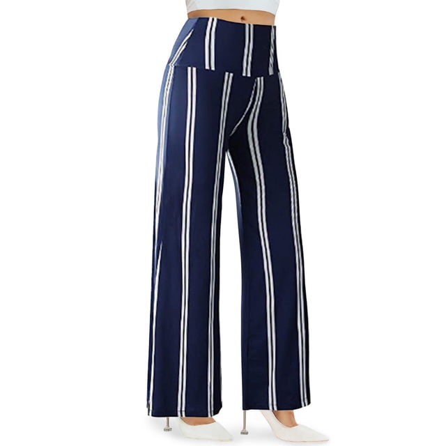TEMOFON Women High Waist Pants Fashion Stripe Stretchy Wide Leg Palazzo ...
