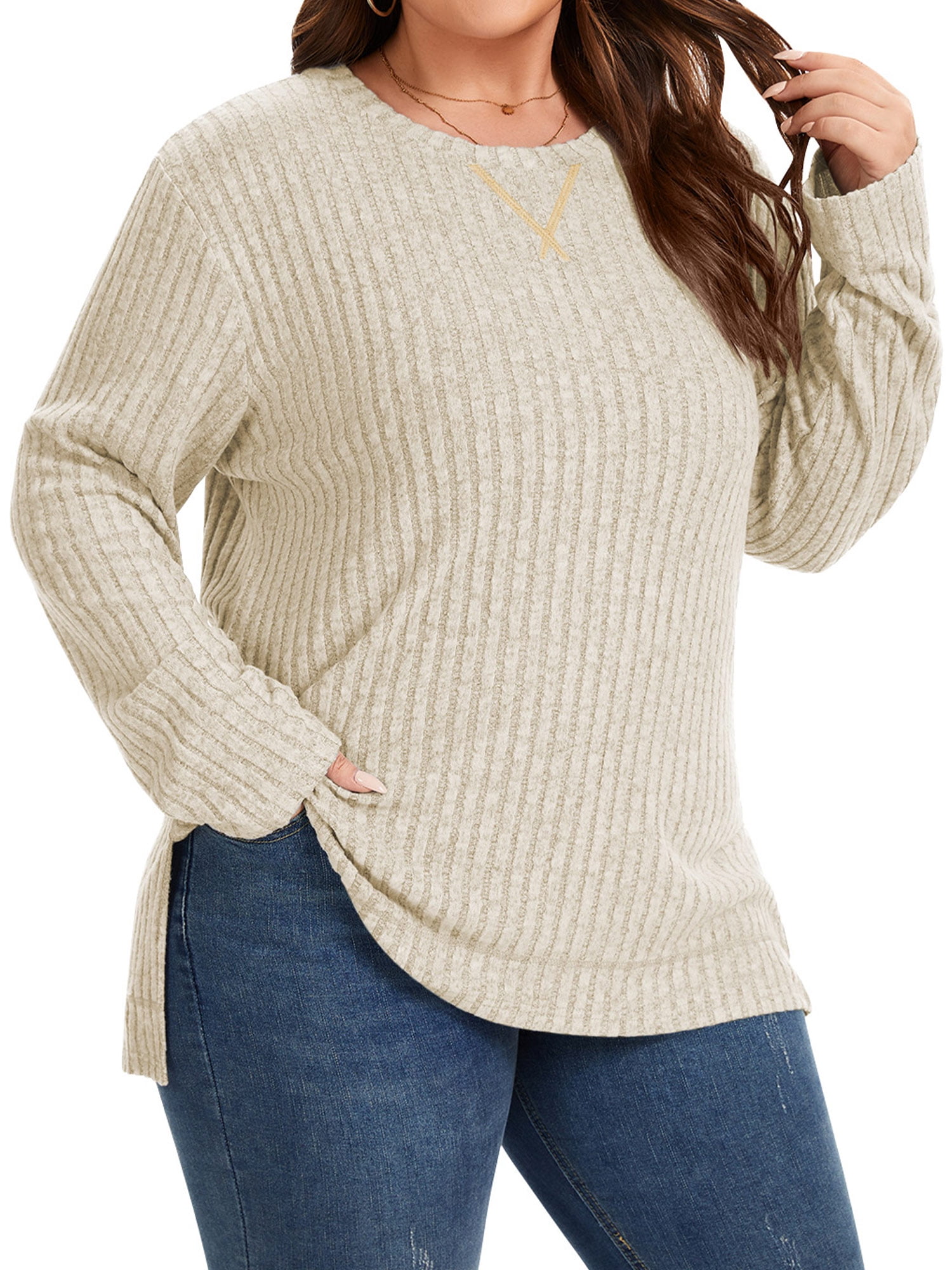 TEMOFON Womens Plus Size Knit Crew Neck Long Sleeve Sweaters Trendy ...