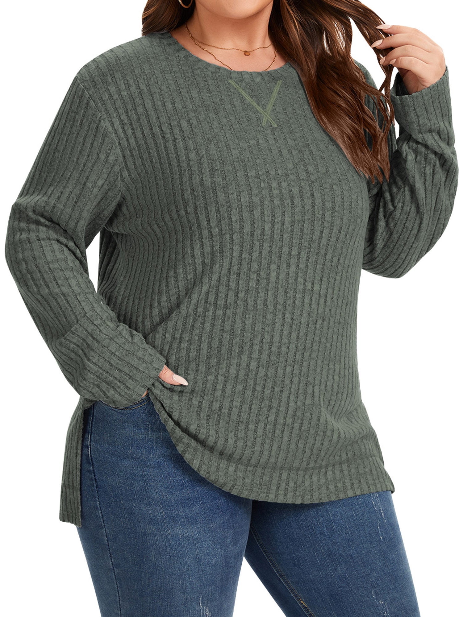 TEMOFON Plus Size for Womens Fall Tops Crew Neck Long Sleeve Sweaters ...